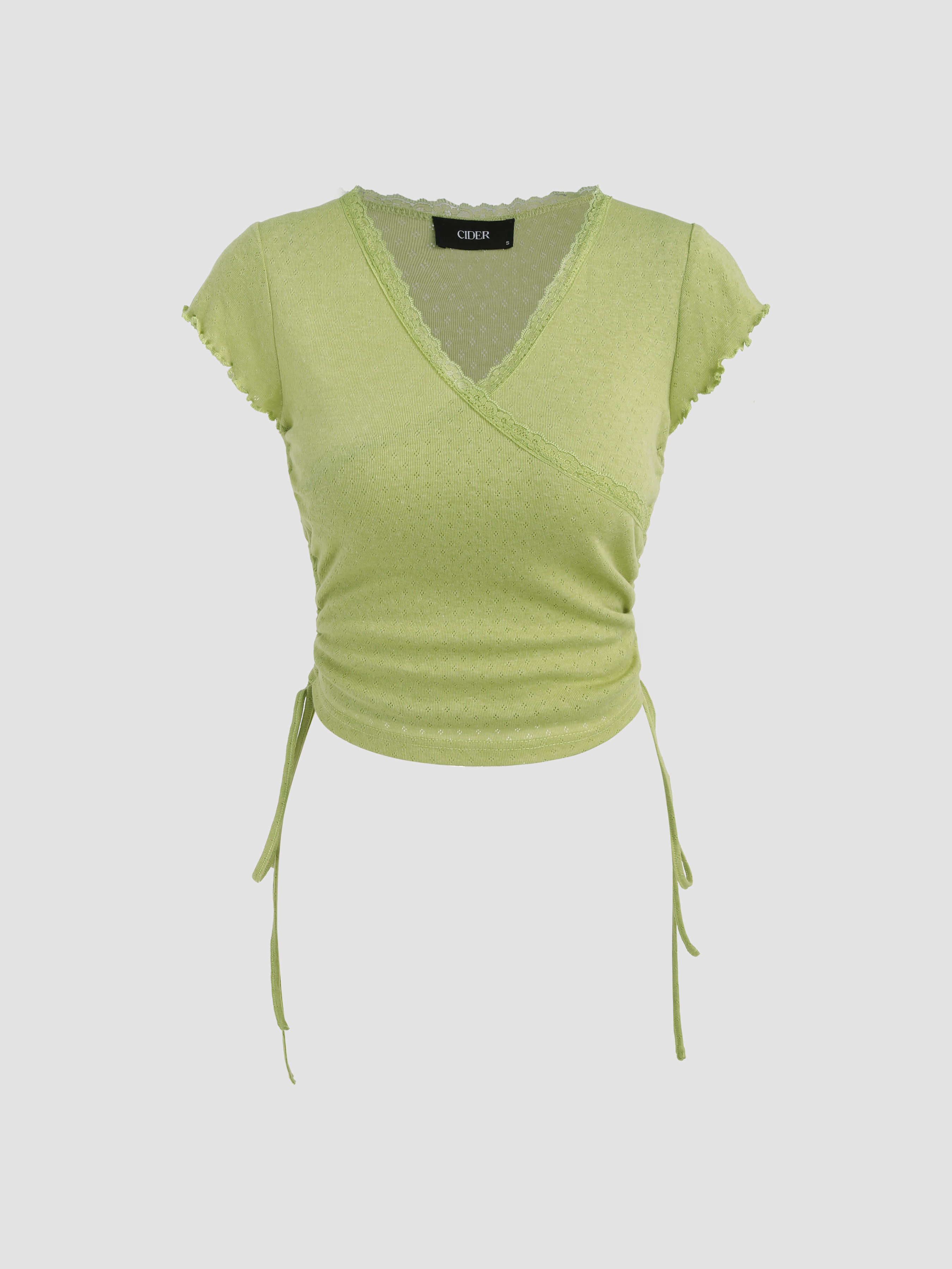 Knit Fabric Lace V-neck Drawstring Short Sleeve Top For Daily Casual ...