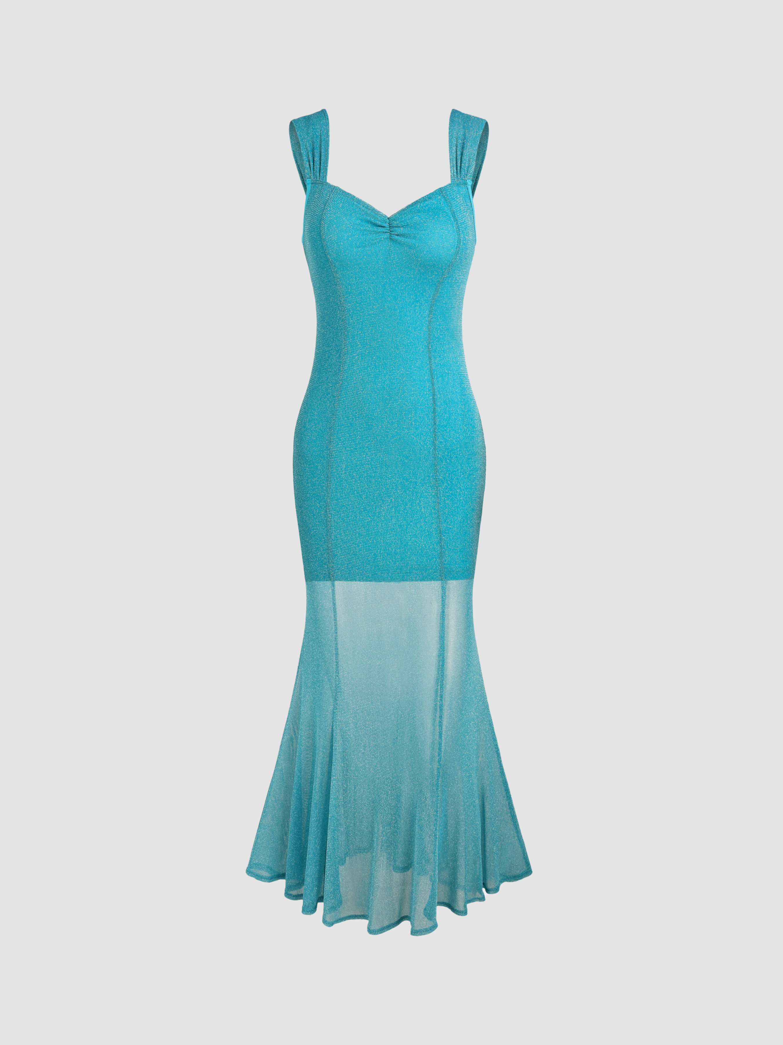 Knit Fabric Glitter Sweetheart Sheer Mermaid Maxi Dress For Vacation Beach
