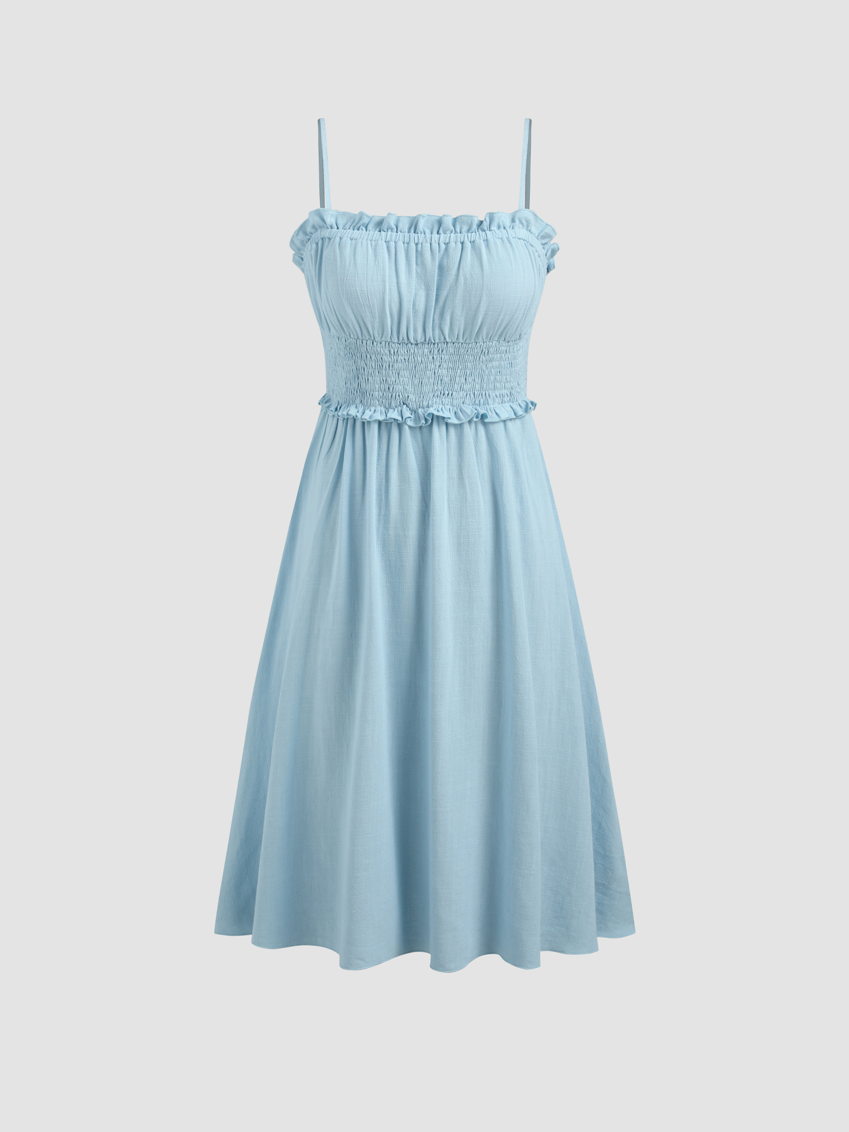 Linen-blend Shirred Ruffle Hem Ruched Midi Dress For Vacation Daily Casual