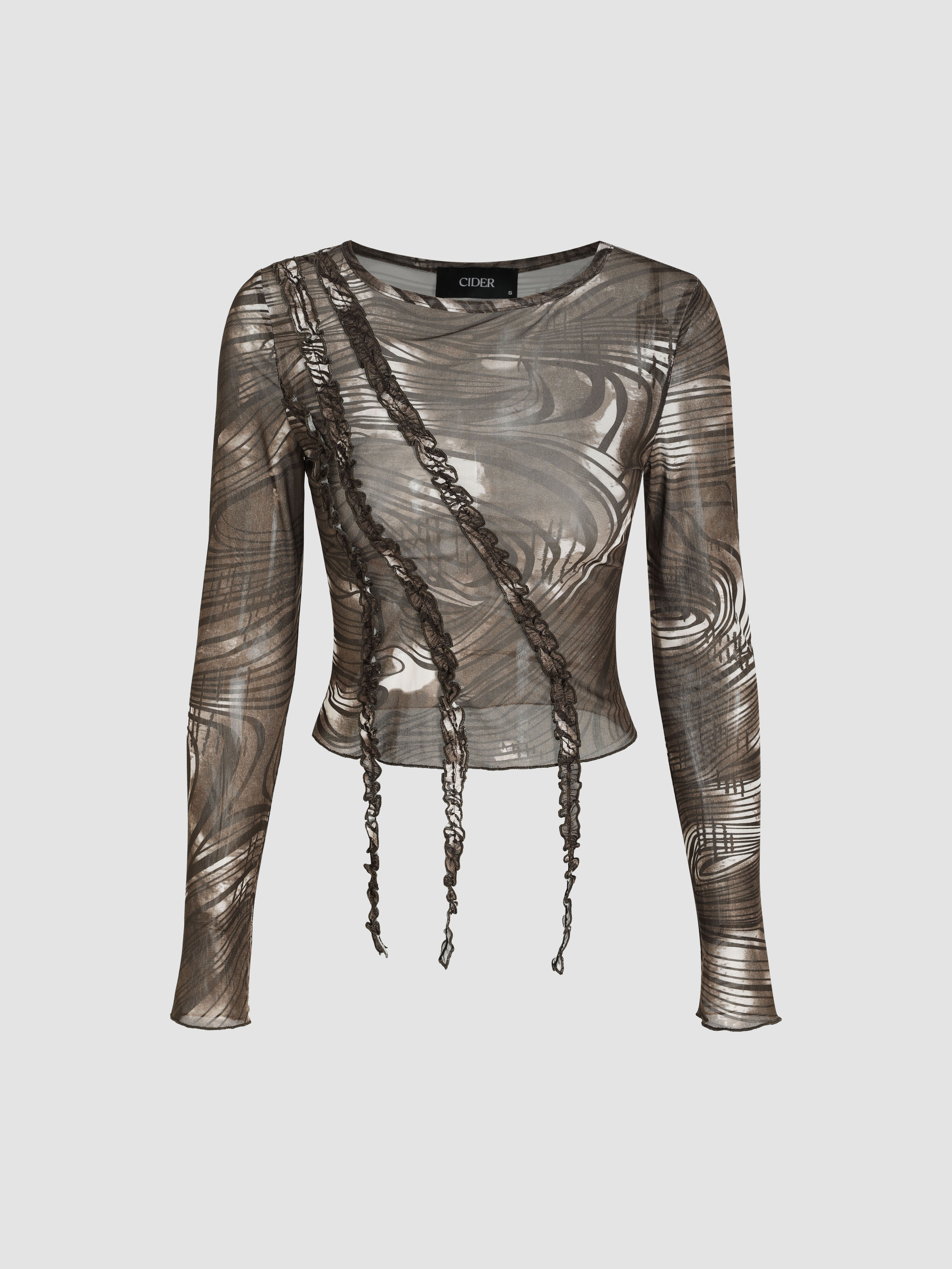 Mesh Mesh Sheer Ruffle Hem Long Sleeve Top For Daily Casual