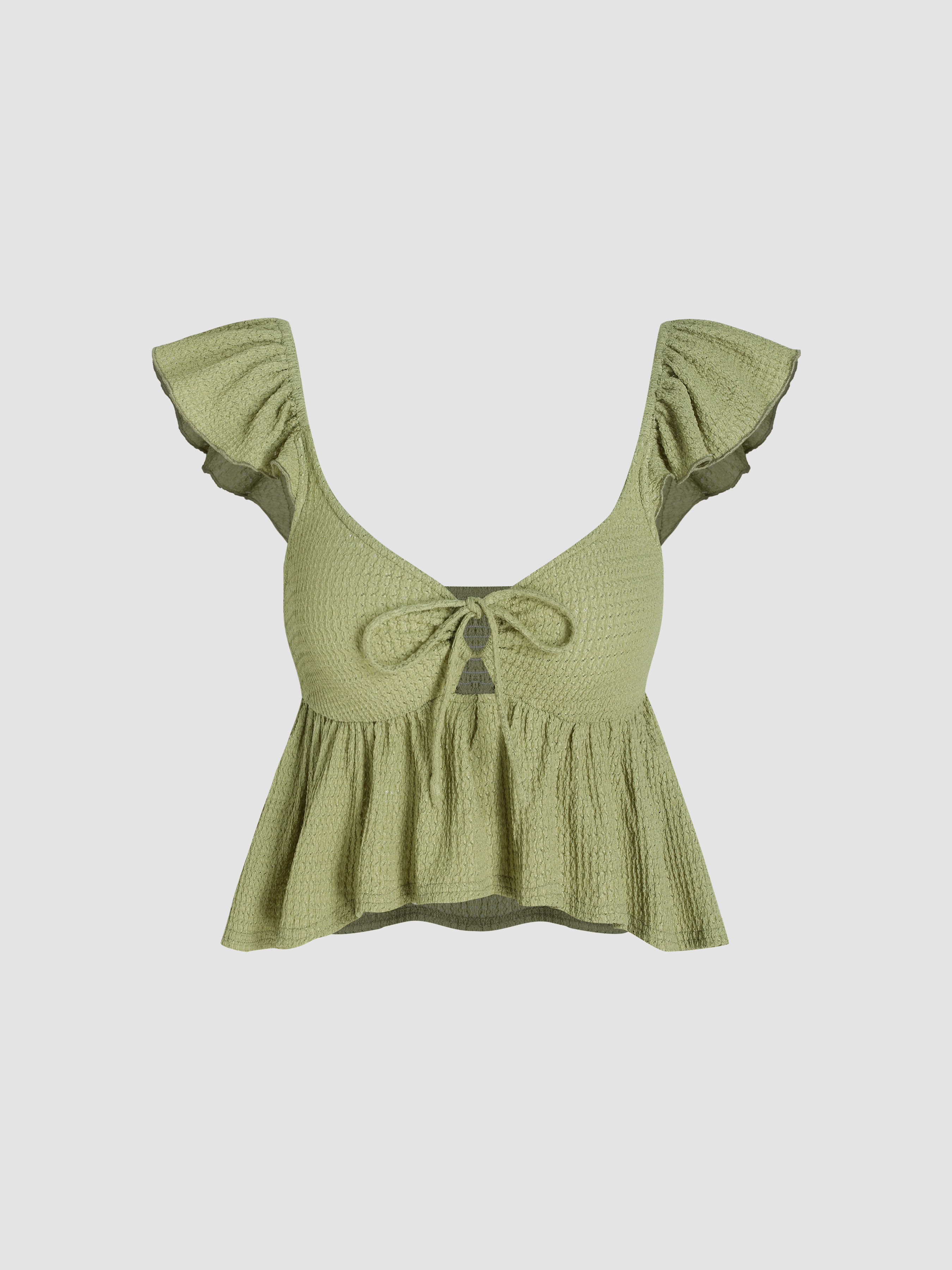 Texture Ruffle Hem Knotted Short Sleeve Blouse For Daily Casual Vacation