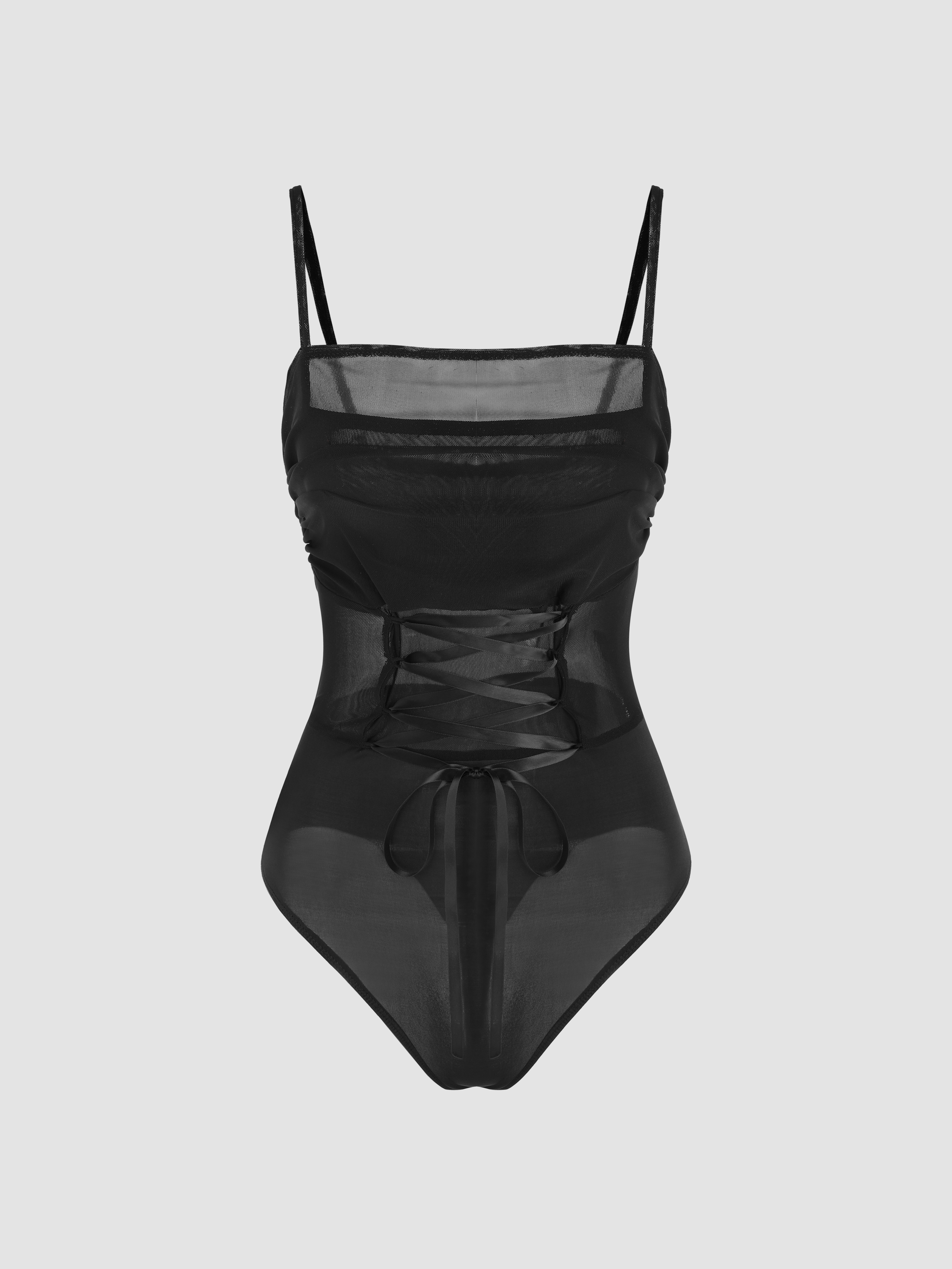 Lace Up Mesh U-neckline Bodysuit - Cider