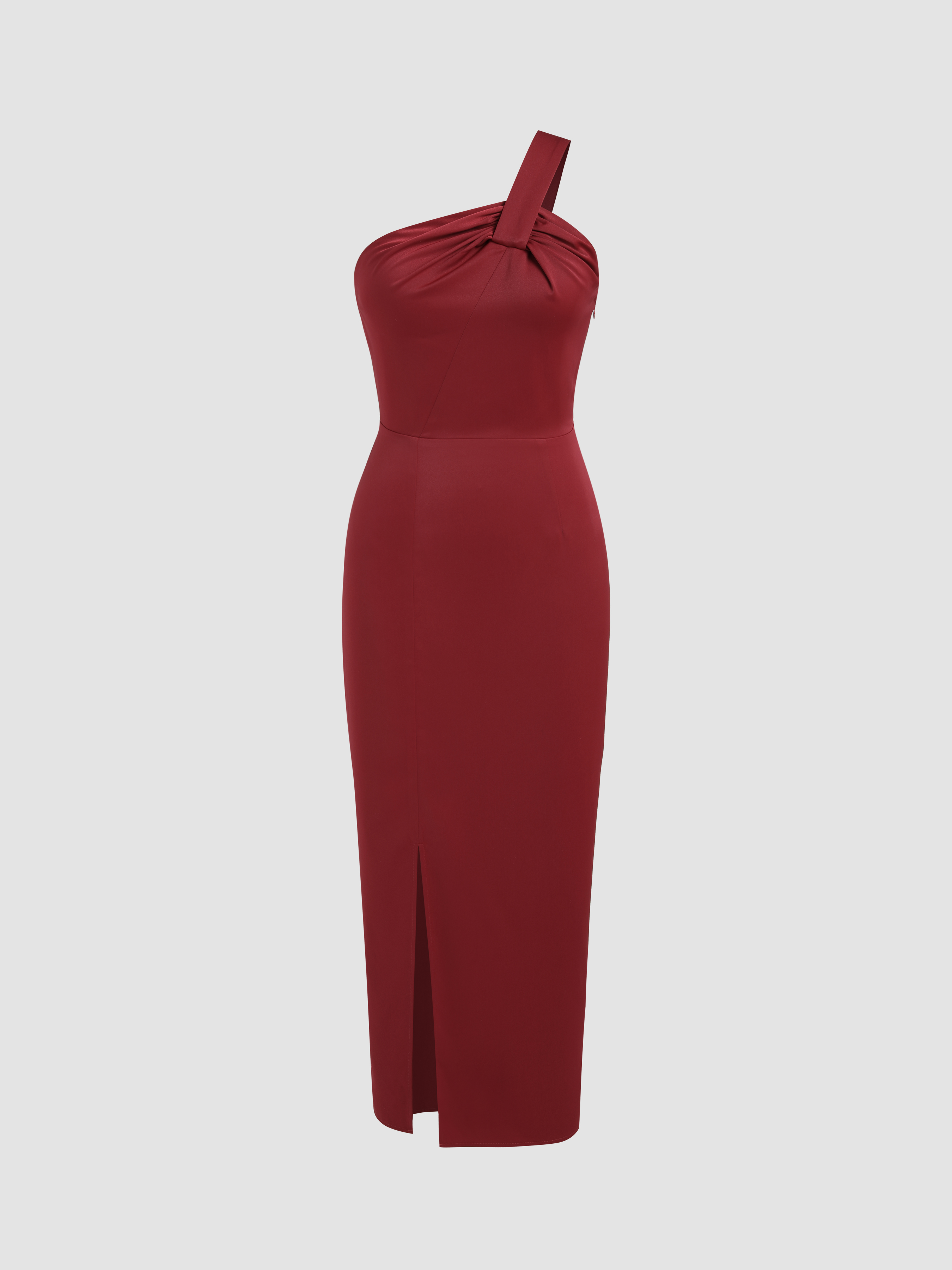 Asymmetrical Neck Split Satin Midi Dress Cider