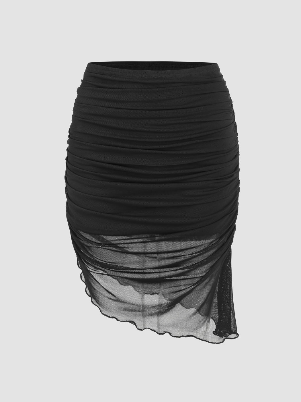 Mesh Lettuce Trim Ruched Mini Skirt For Date Vacation