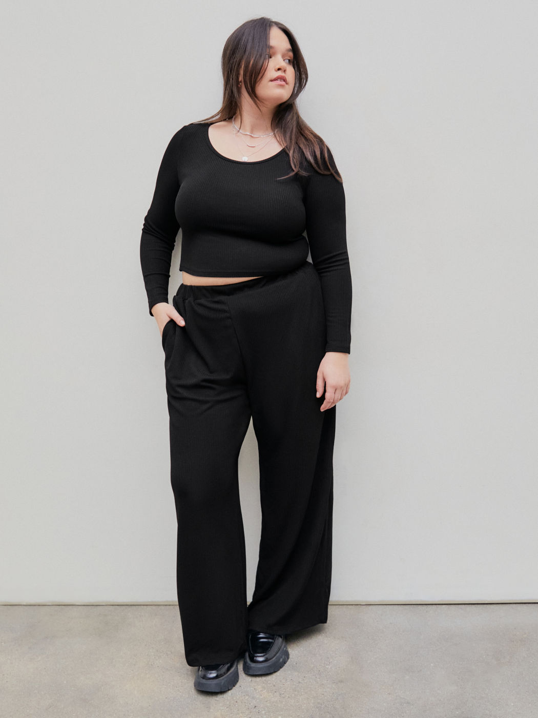 Pocket Knitted Crop Top And Wide Leg Trousers Set Curve And Plus For Daily