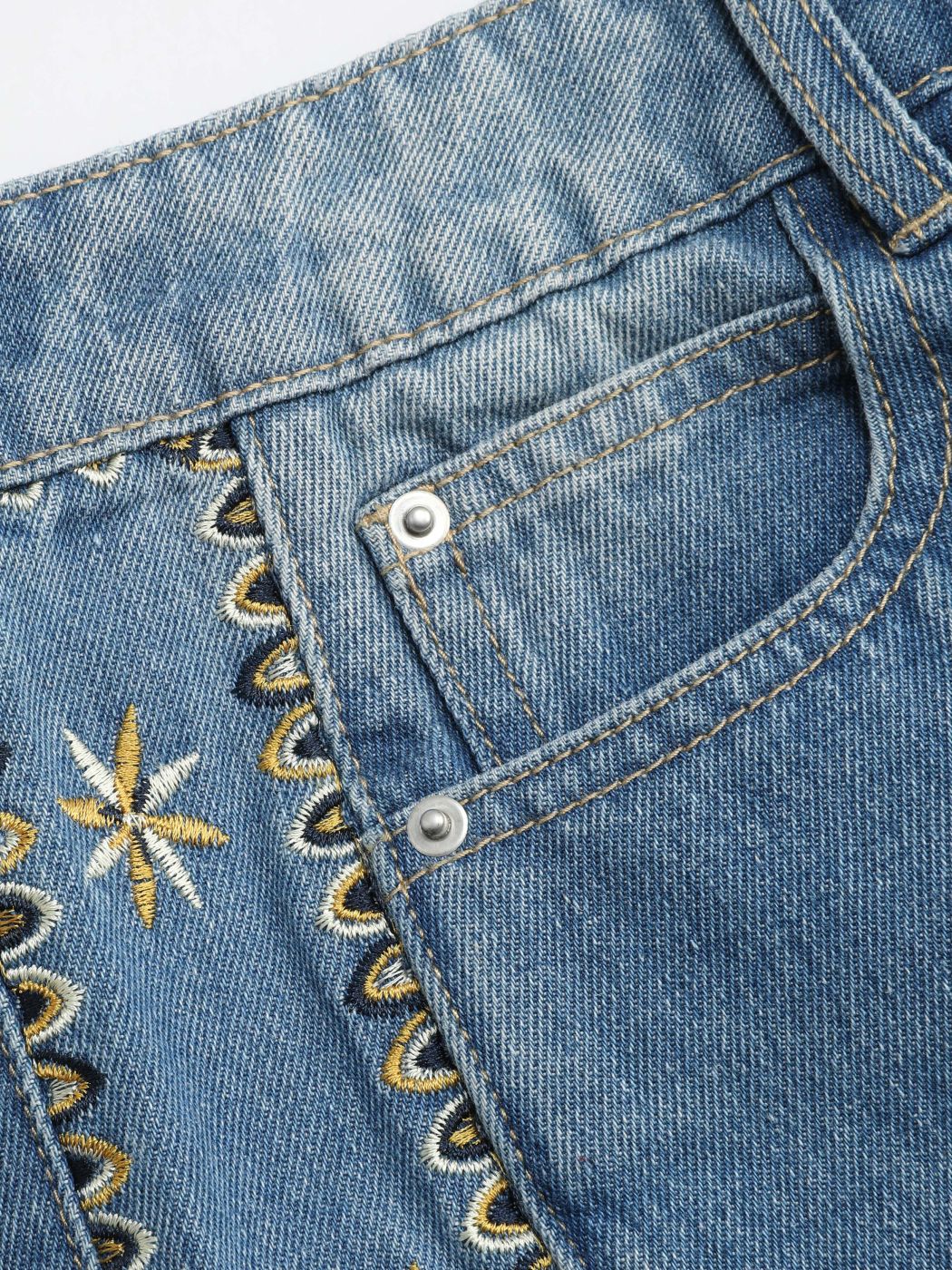 Denim Denim Mid Rise Floral Embroidery Straight Leg Jeans For Daily Casual