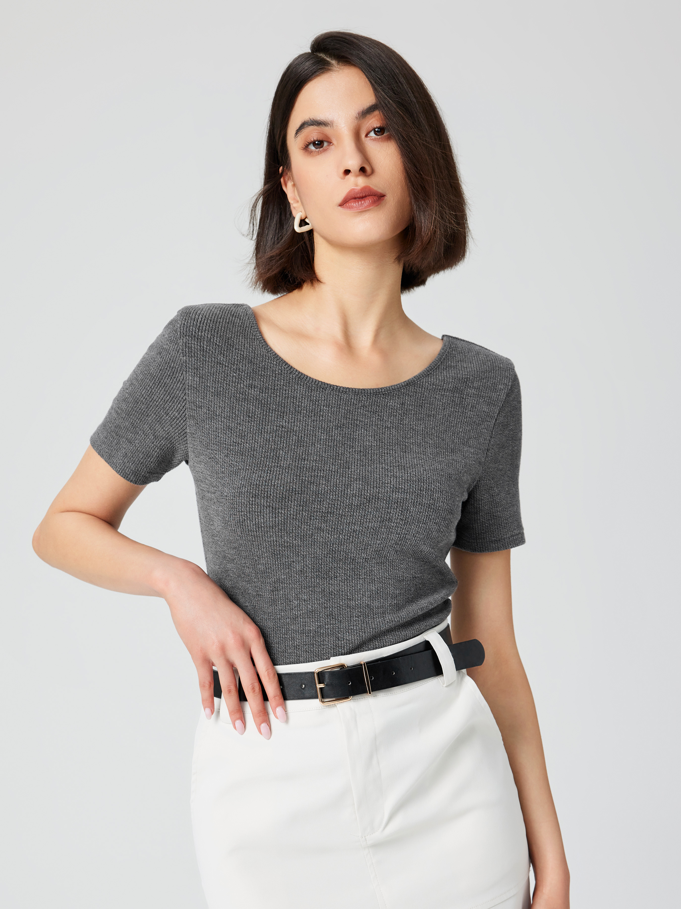 Knit Fabric Cut Out Round Neckline Knit Short Sleeve Top For Daily Casual