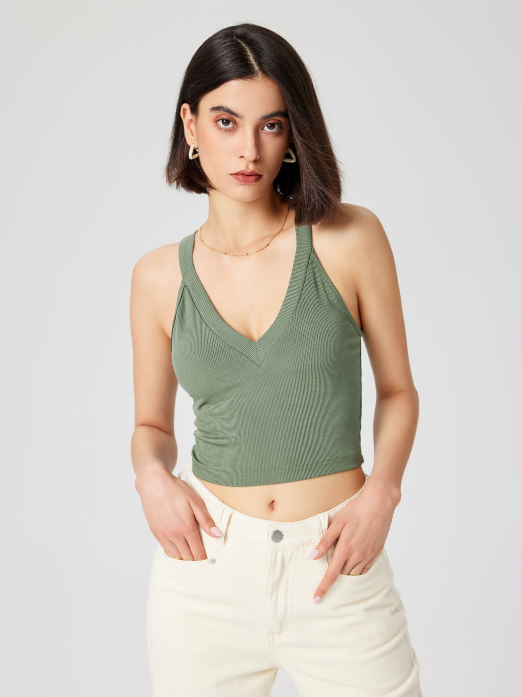 V-neck Rib Crop Tank Top For Daily Casual