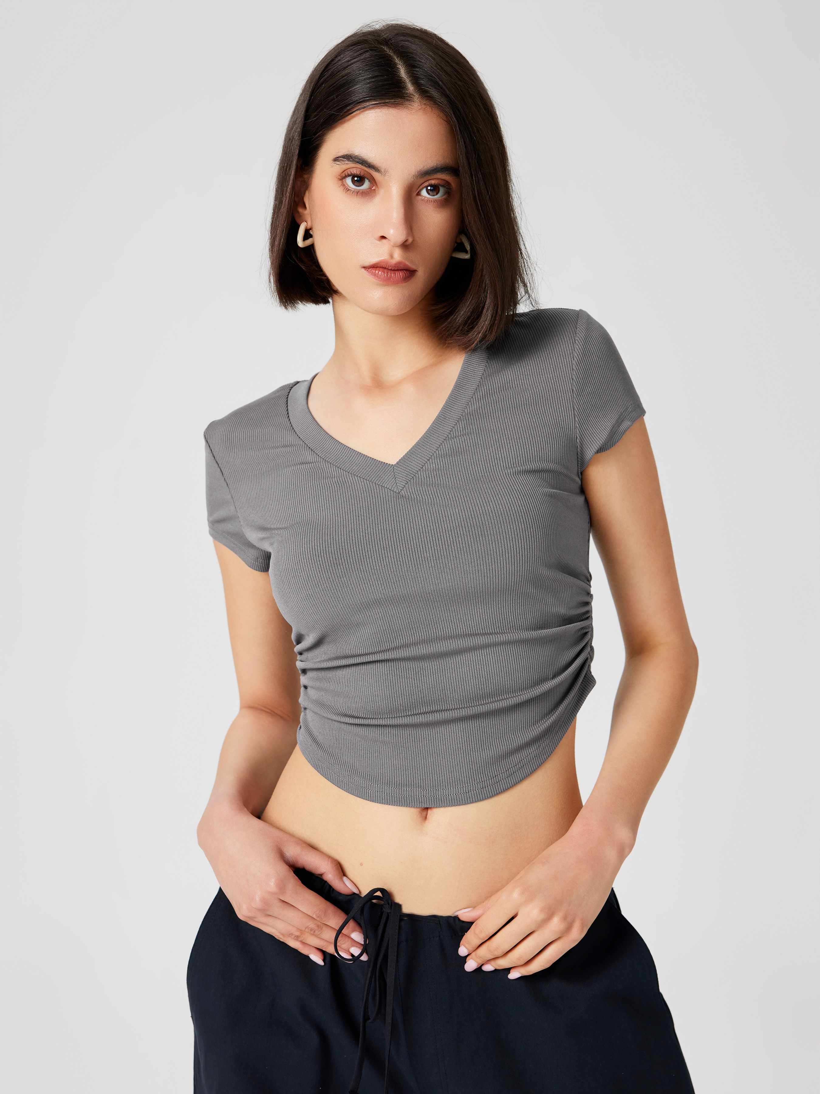Rib Ruched V-neck Rib Short Sleeve Crop Top For Daily Casual