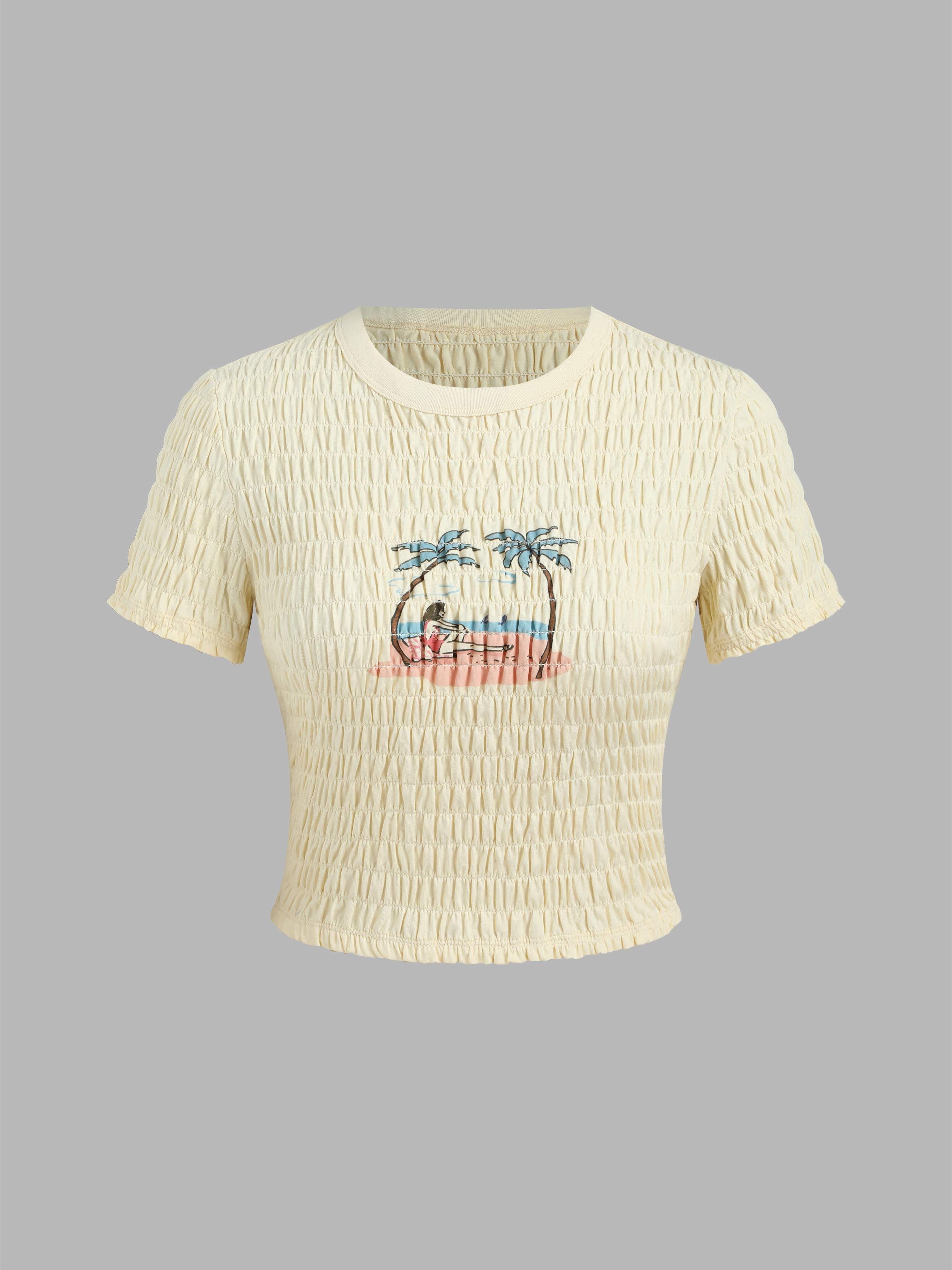 Knit Fabric Graphic Shirred Crop Top For Daily Casual