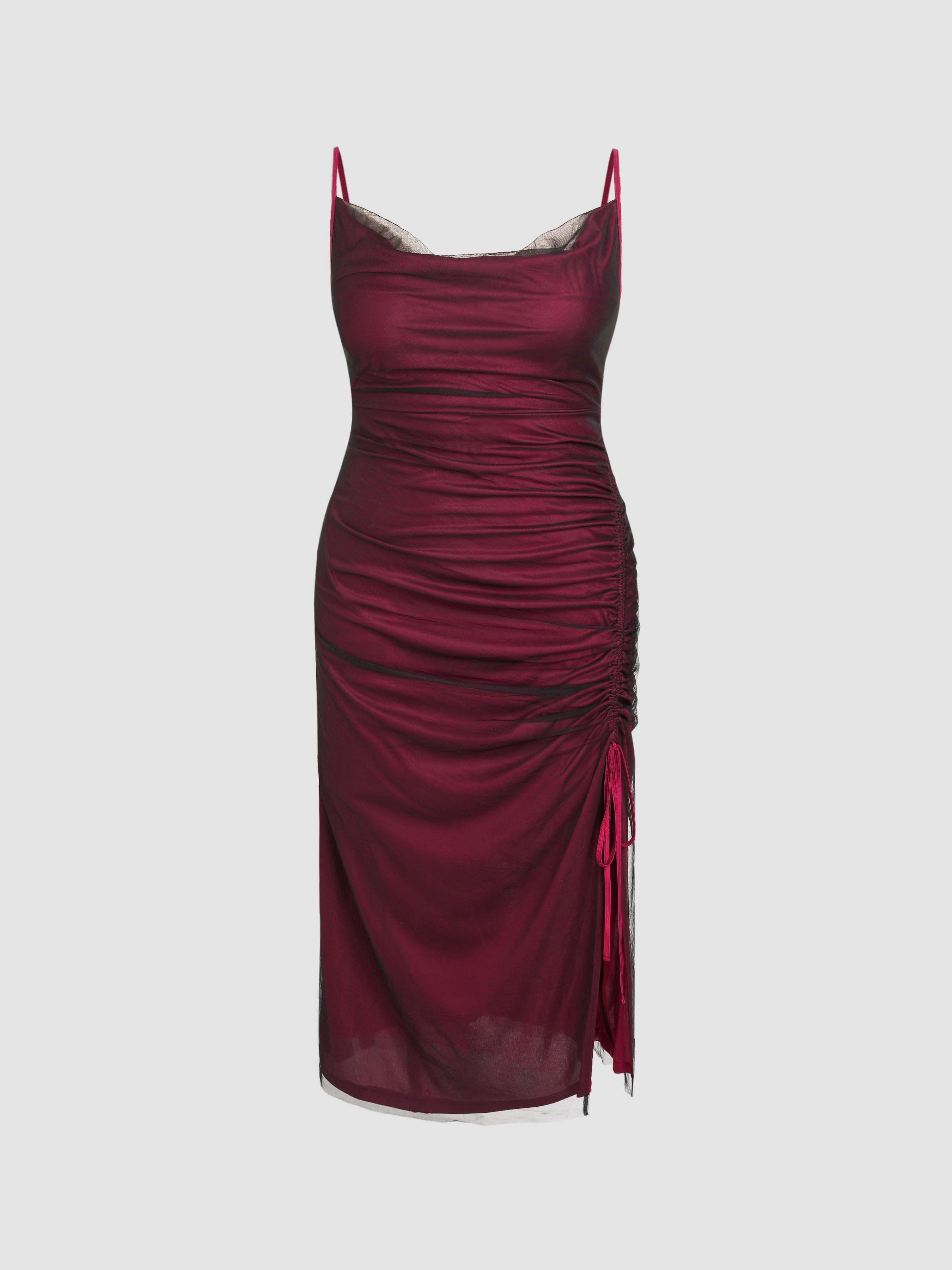 Curve & Plus Mesh Ruched Drawstring Maxi Dress - Cider