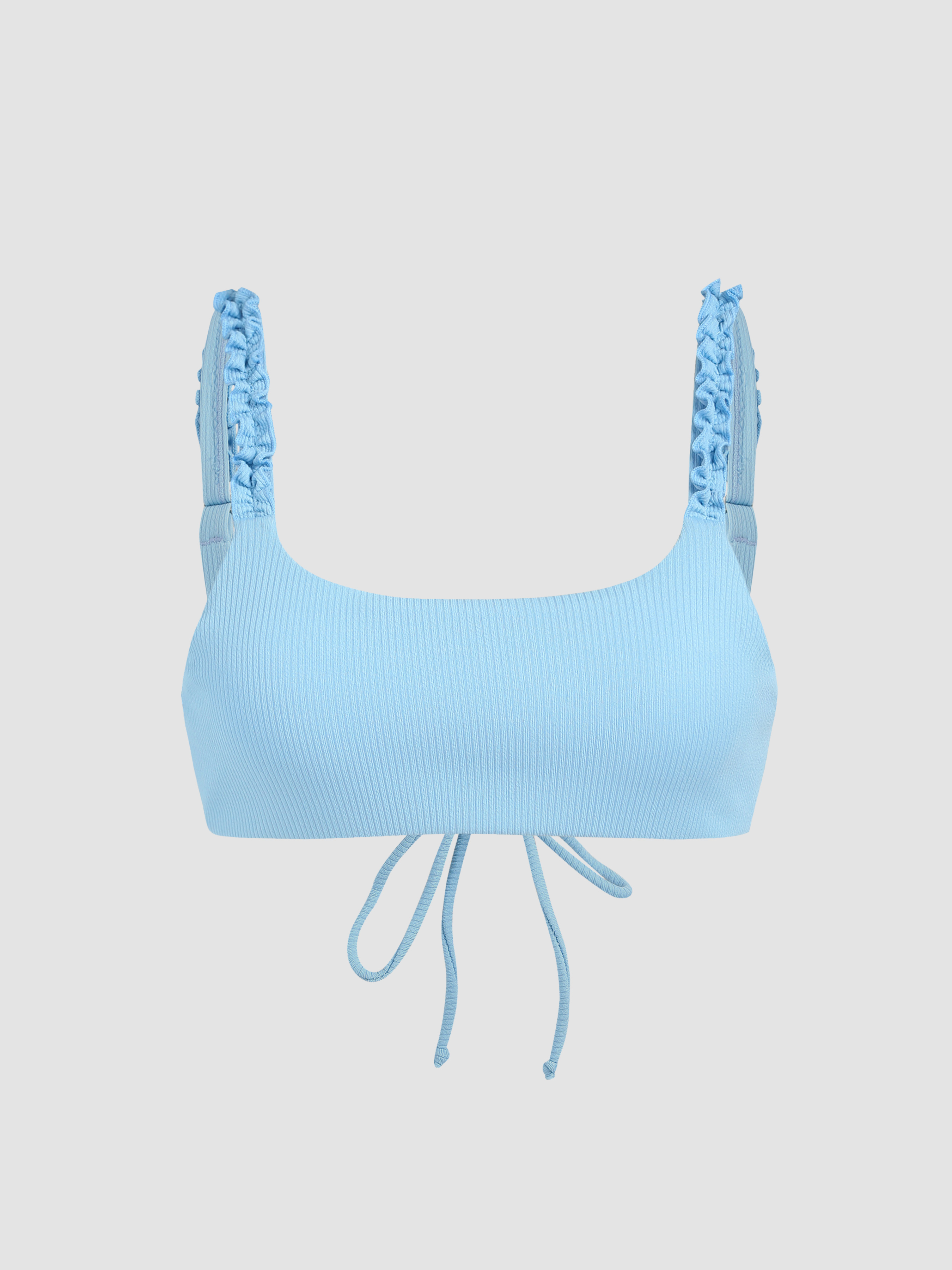 Rib U-neckline Lettuce Trim Rib Knitted Tie Back Bikini Top For Vacation Swimming Pool Beach