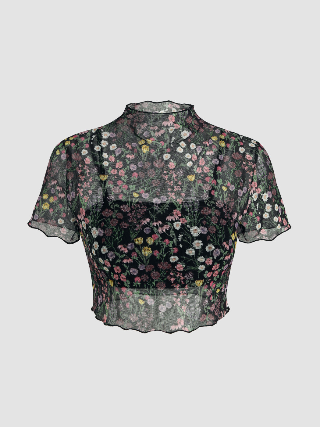 Knit Fabric High Neck Floral Lettuce Trim Crop Top For Daily Casual ...