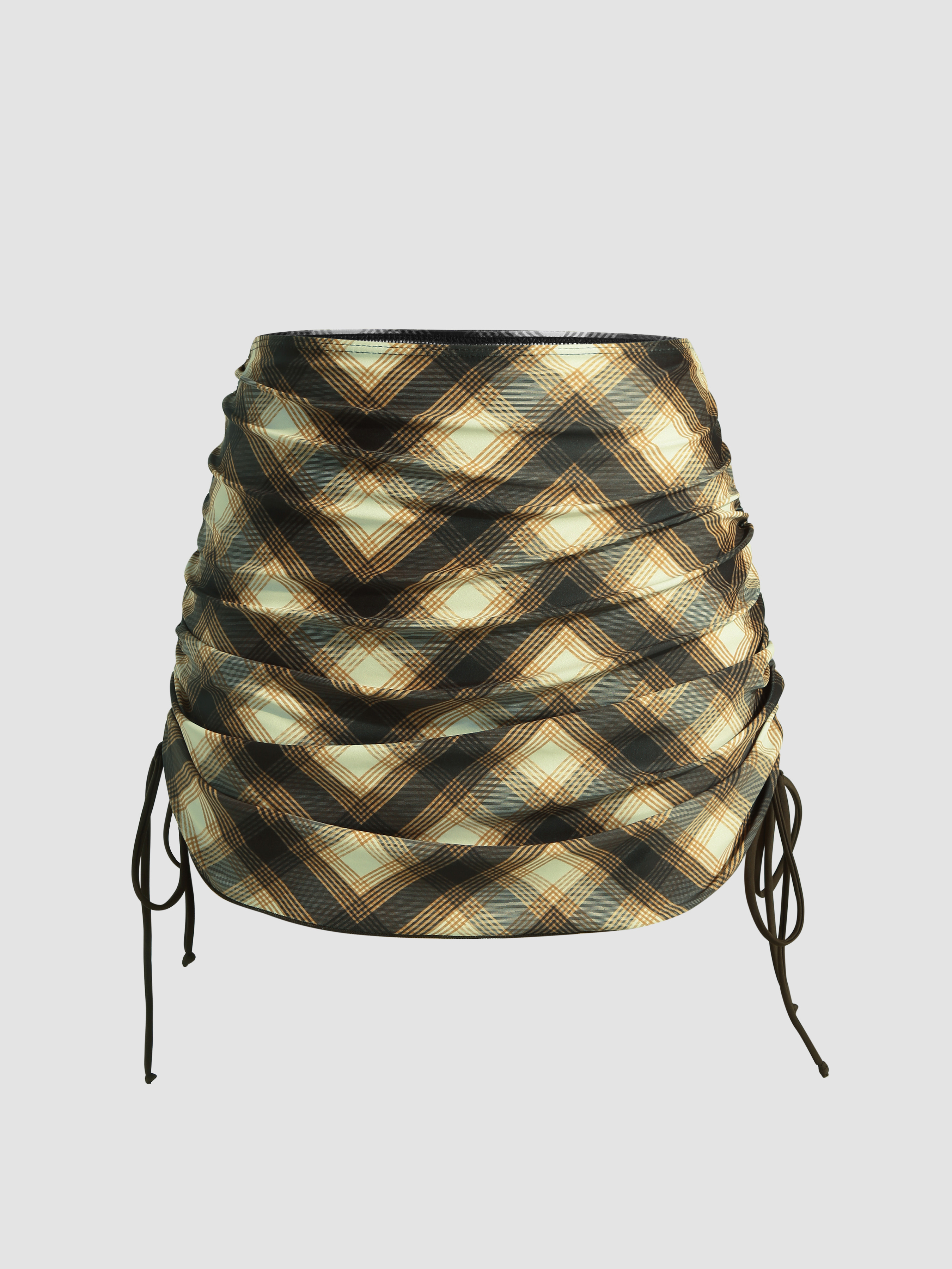 Ruched Drawstring Check Cover Up Skirt - Cider