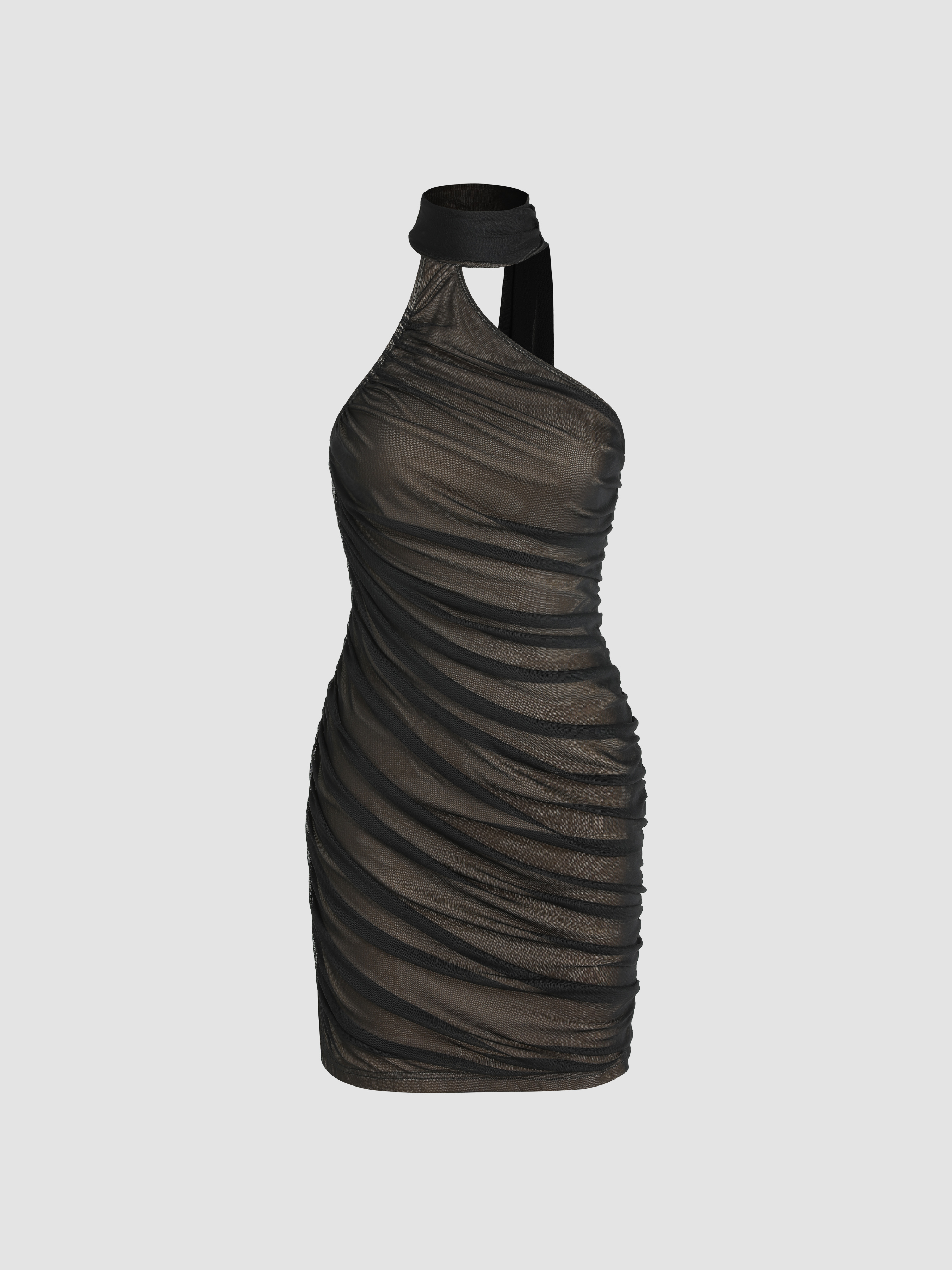 Mesh Ruched Asymmetrical Mesh Halter Mini Dress For Date Exhibition