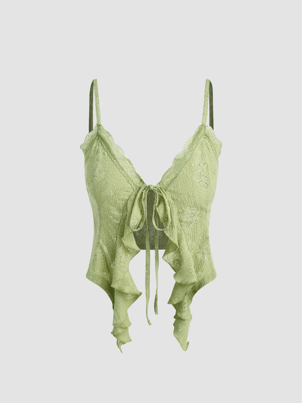 Cute Tops Knit Fabric Lace Ruffle Hem Knotted Knit Crop Top For Vacation