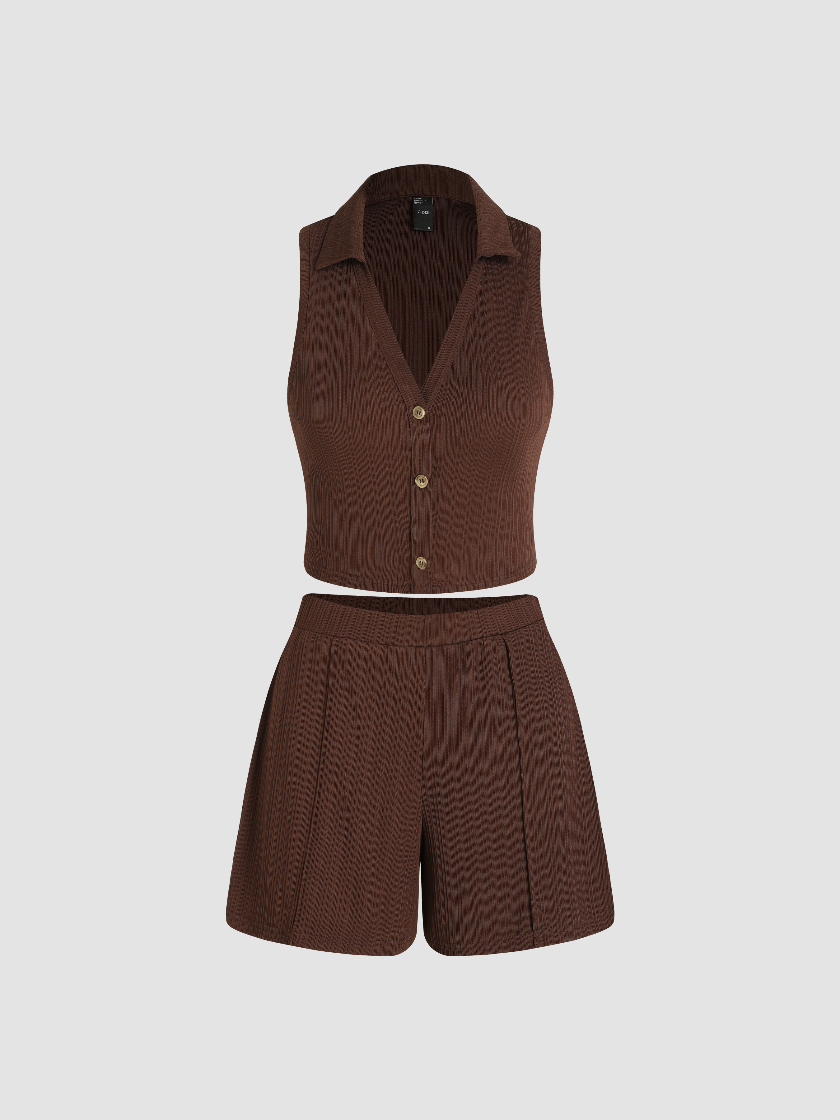 Collar V-neck Vest & Knit Pleated Shorts Set - Cider