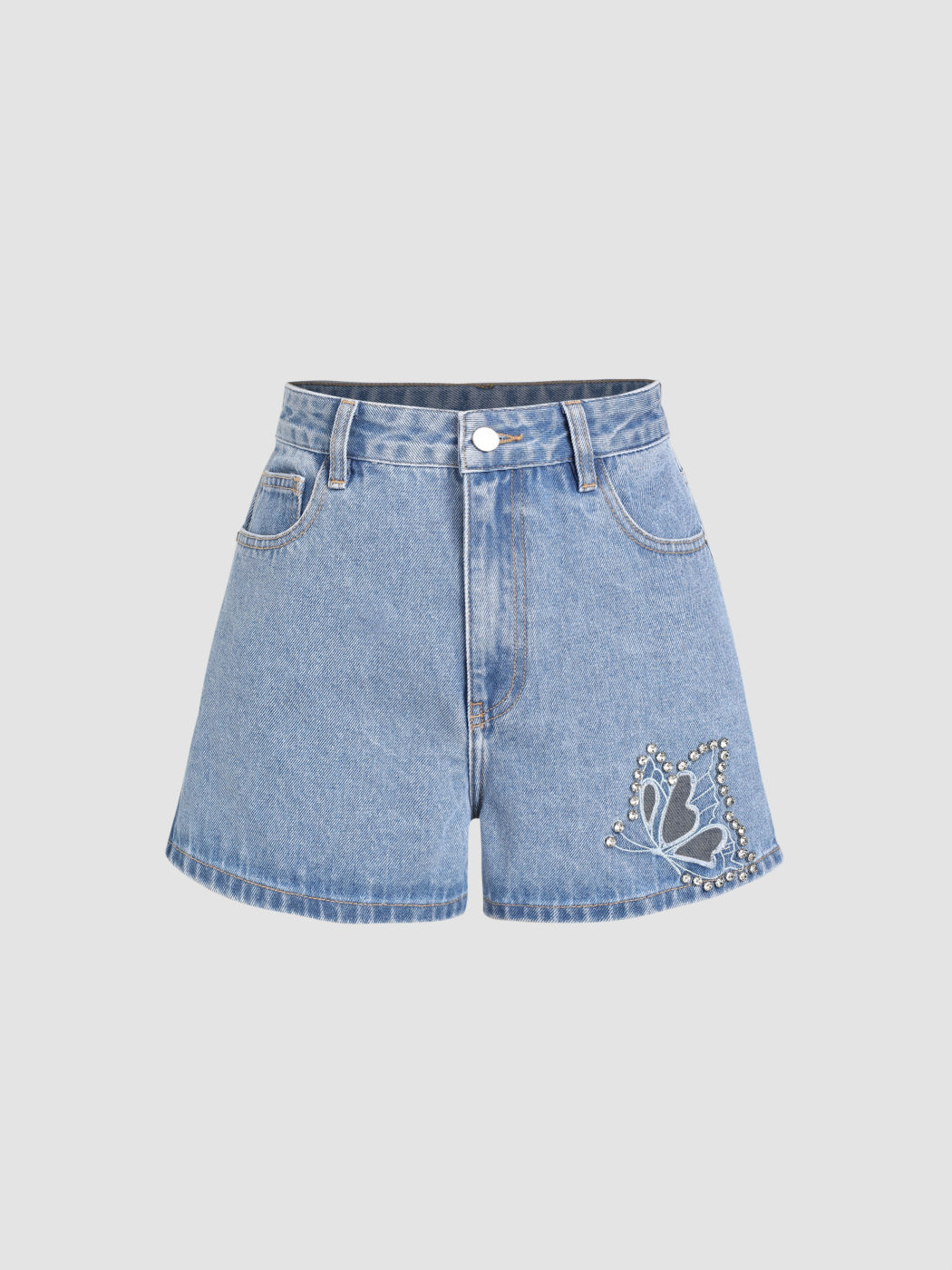 Denim Butterfly Rhinestone Wide Leg Jean Shorts For Daily Casual School