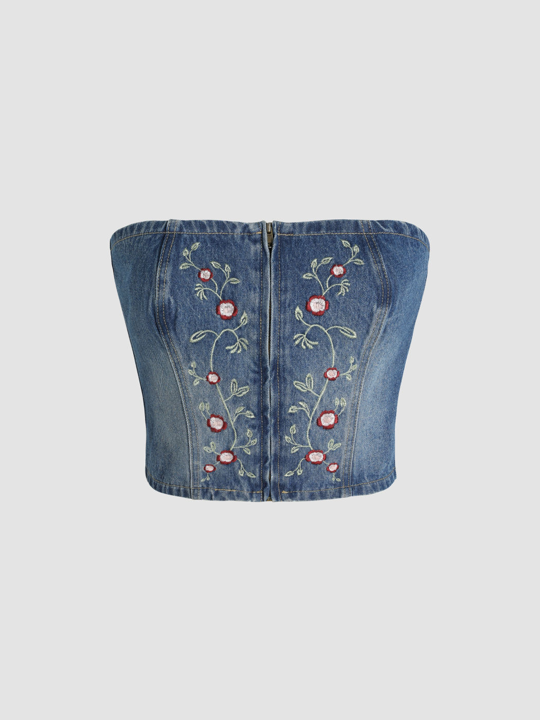 Denim Floral Zipper Up Tube Top For Daily Casual Date Music Festival ...
