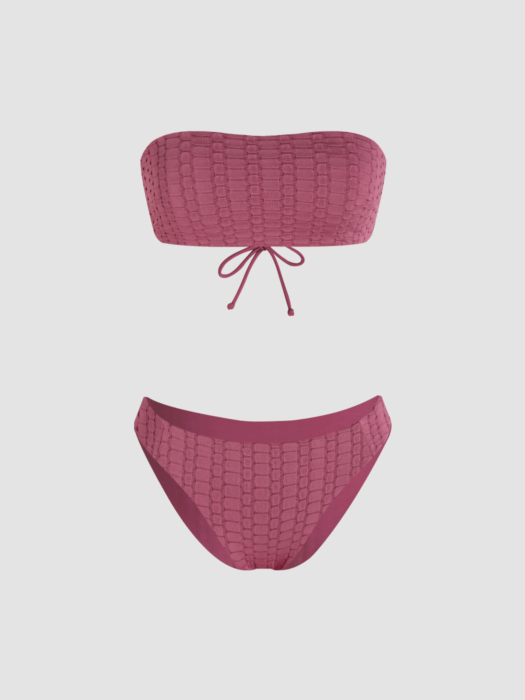 Knit Fabric Tie Back Textured Bandeau Bikini Set For Vacation Swimming