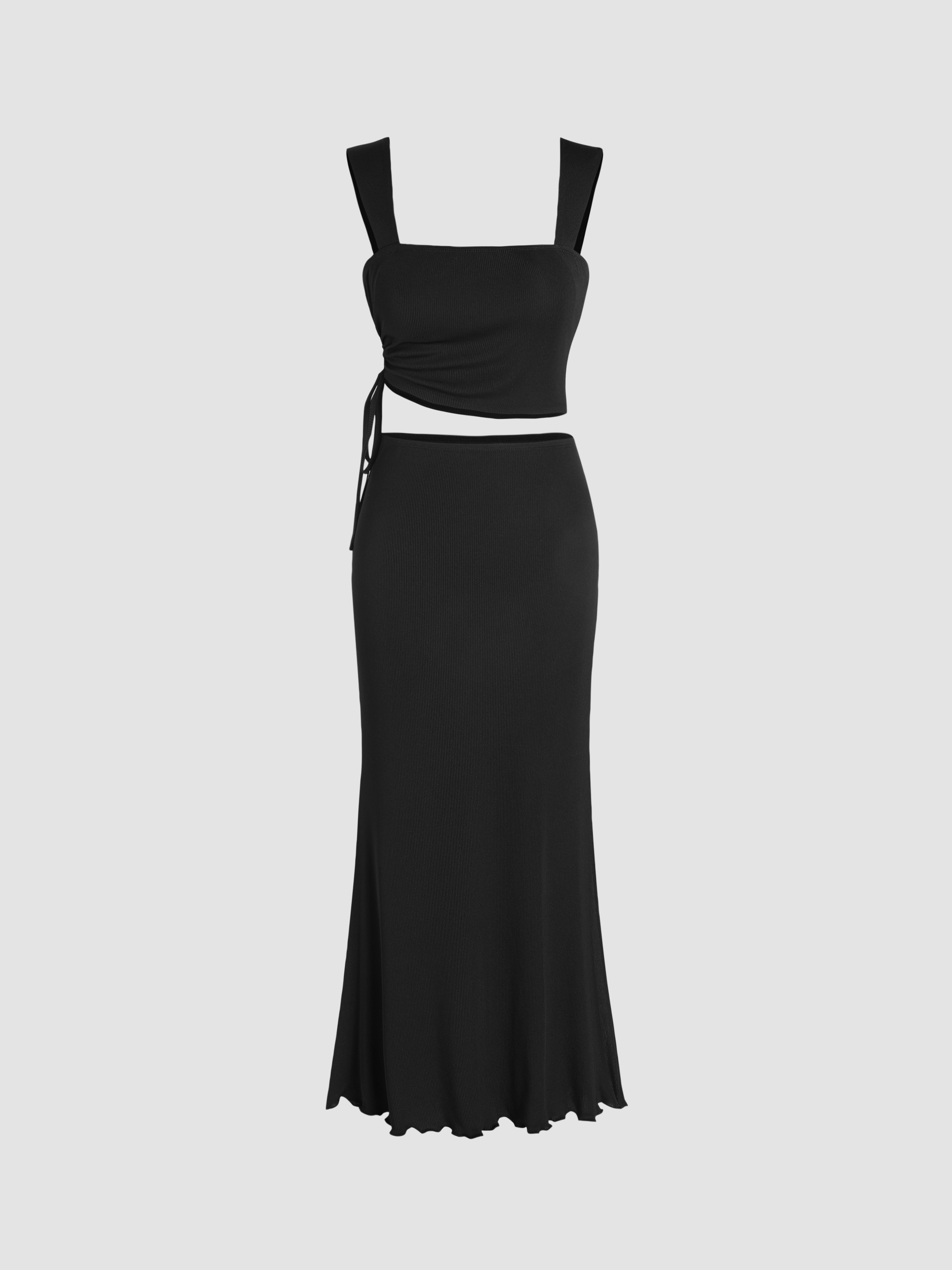 Knit Fabric Drawstring Crop Top & Split Maxi Skirt Set For Daily Casual ...
