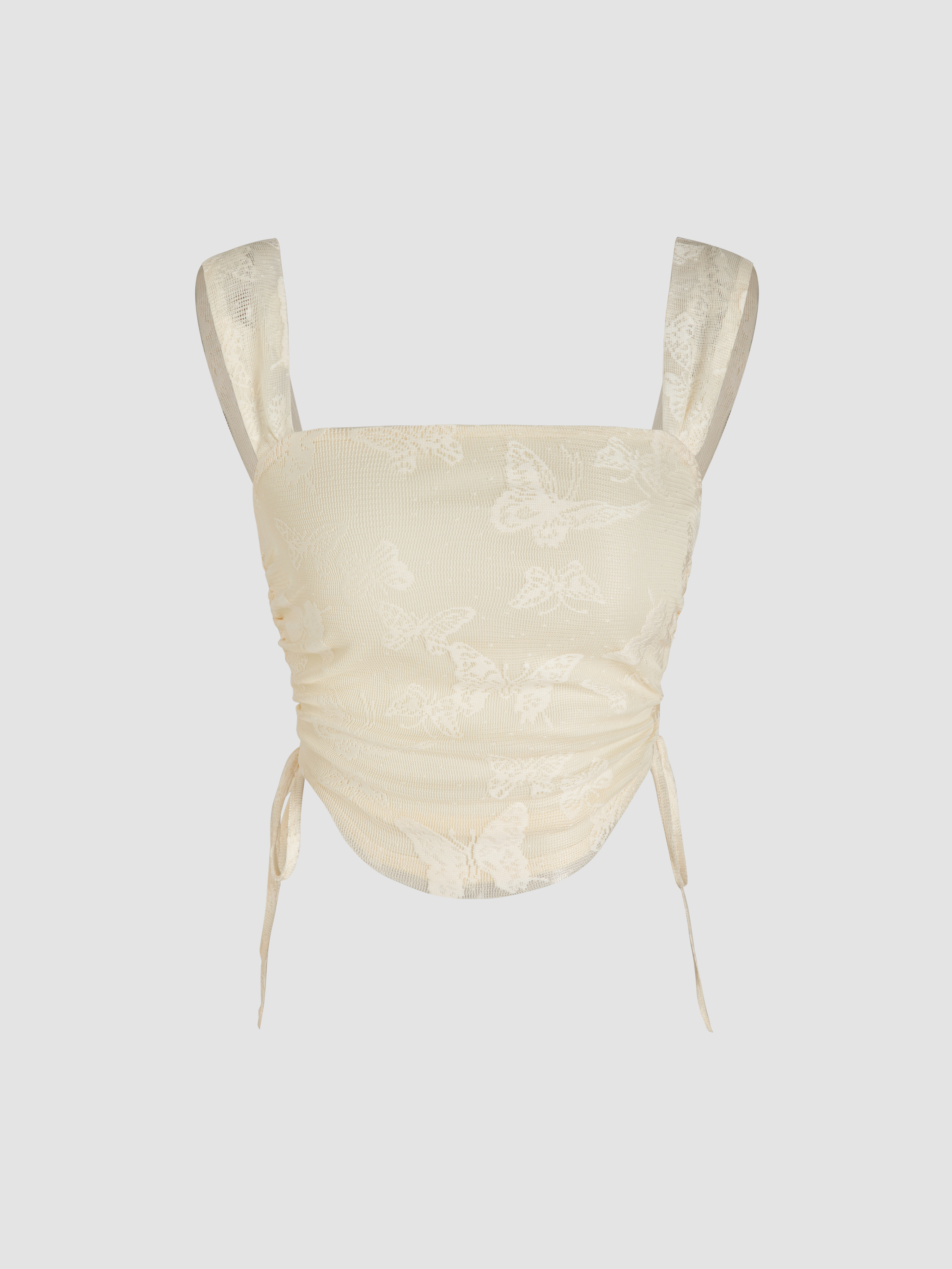 Lace Lace Floral Butterfly Drawstring Crop Top For Date