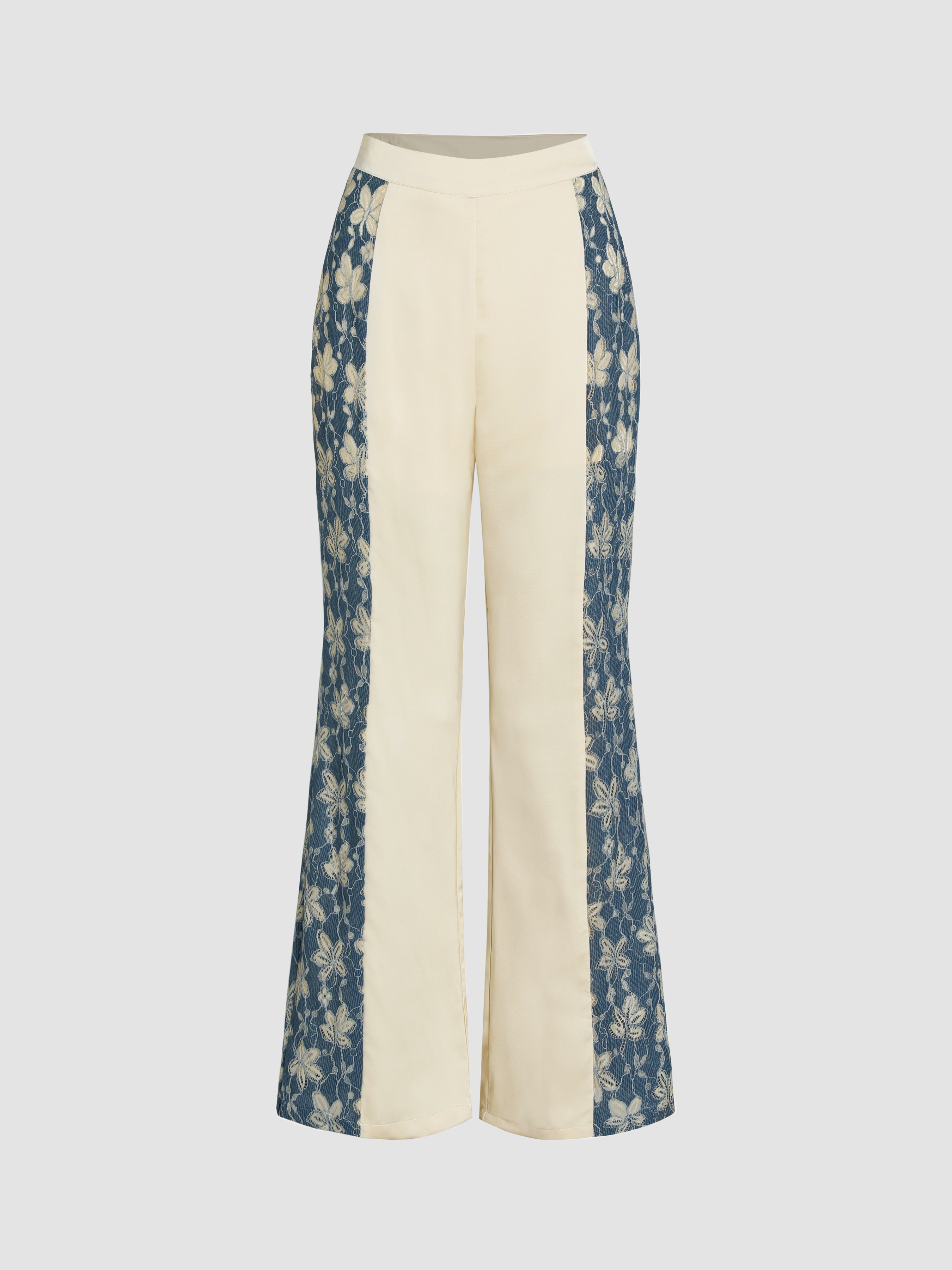 Satin Lace Floral Patchy Wide Leg Trousers For Daily Casual