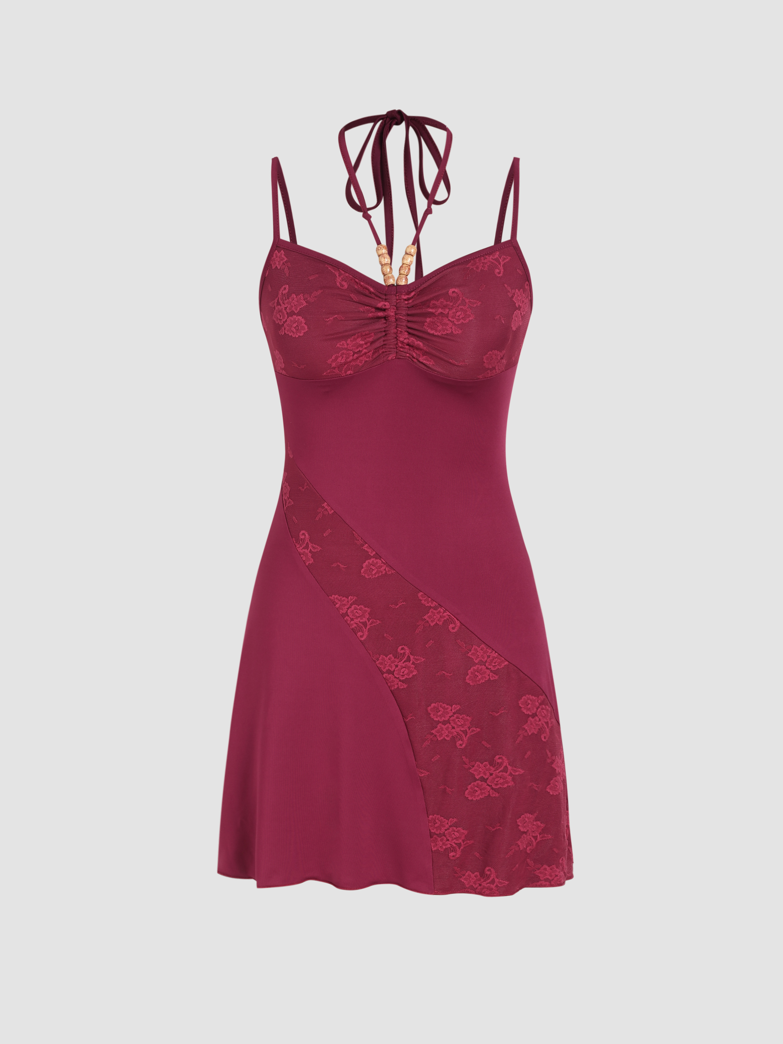 Halter Lace Floral Drawstring Mini Dress - Cider