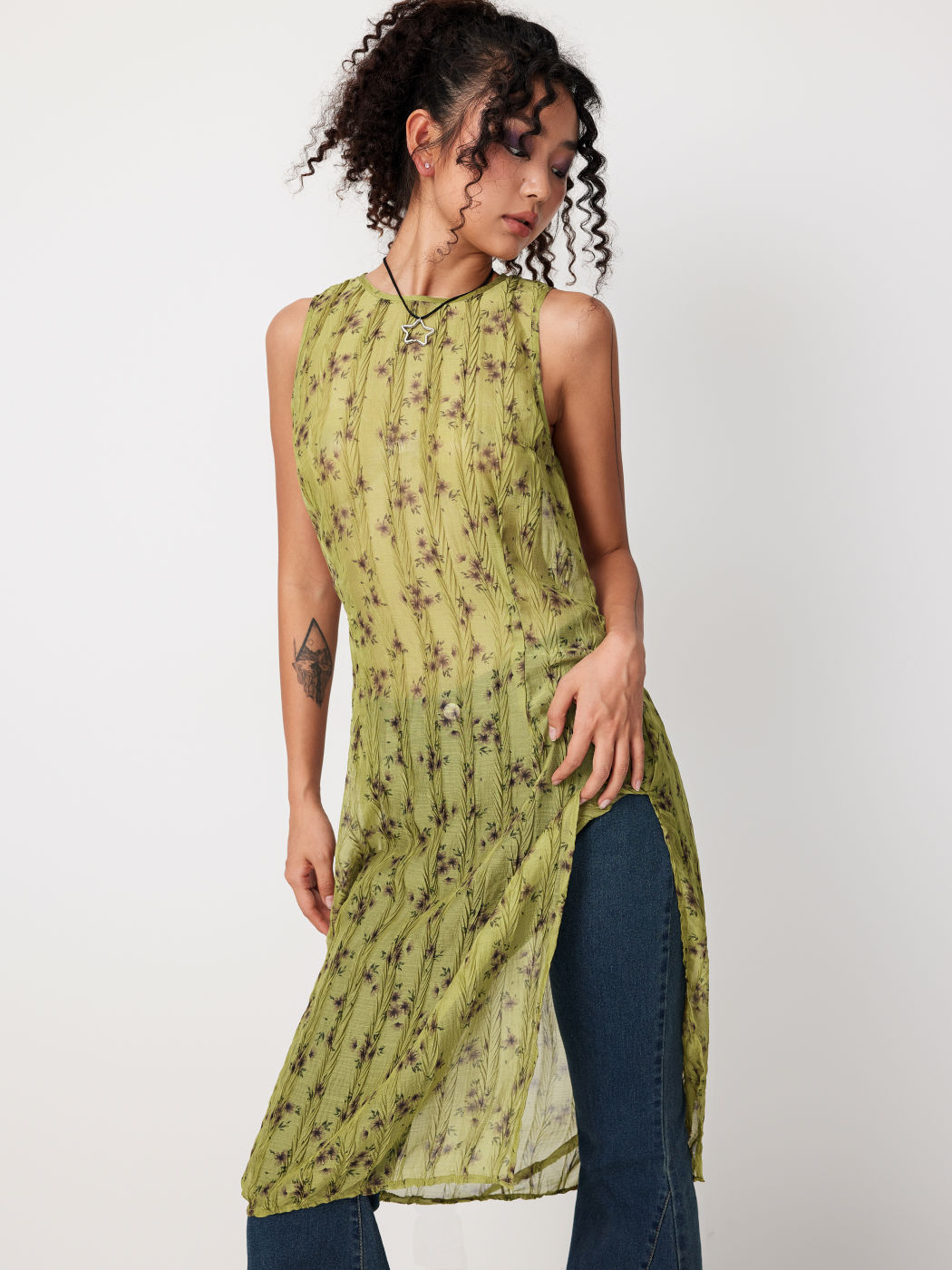 Woven Floral Split Round Neckline Midi Dress For Date Exhibition