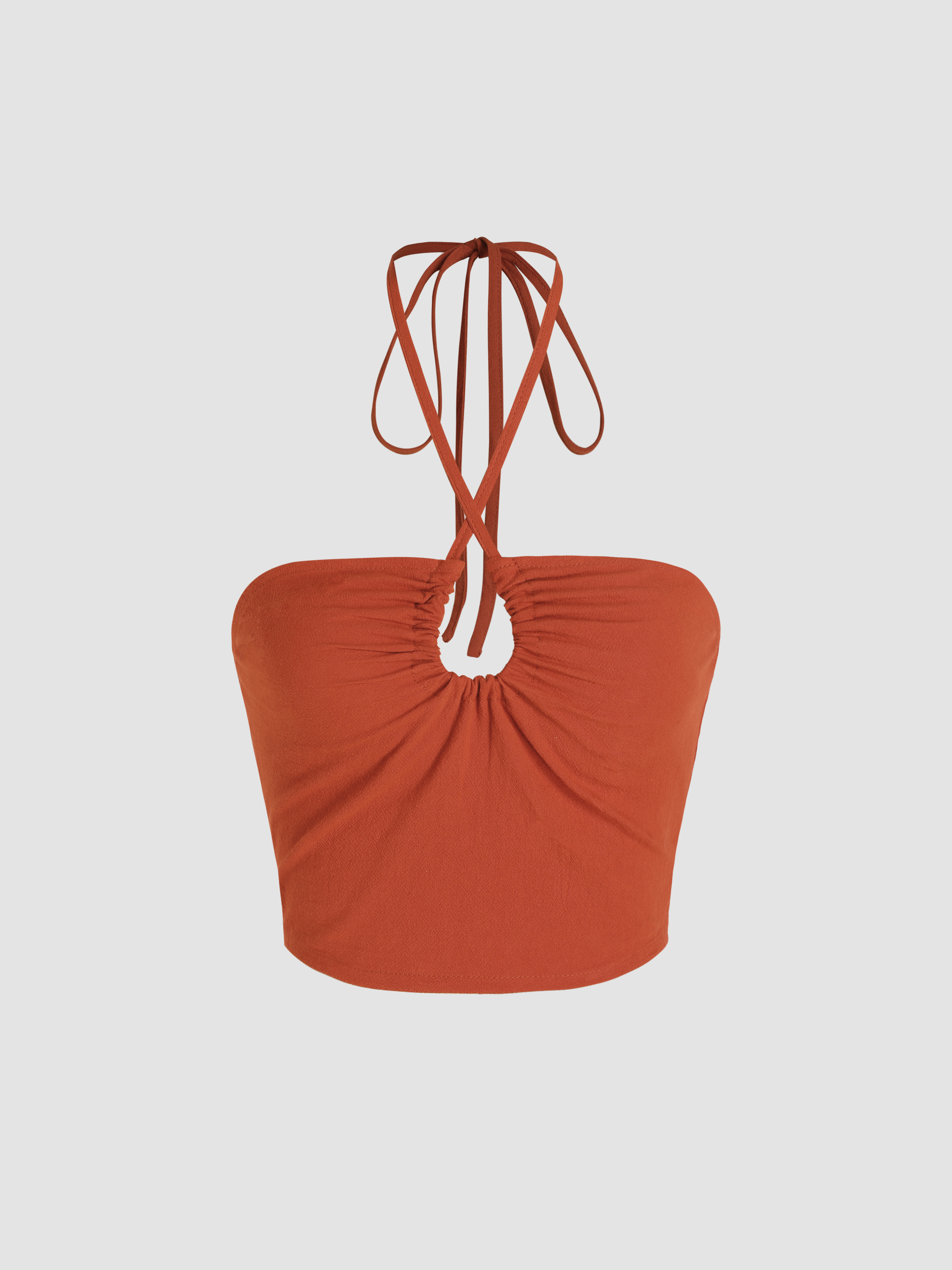 Woven Cross Halter Knotted Shirred Crop Tank Top For Daily Casual Vacation