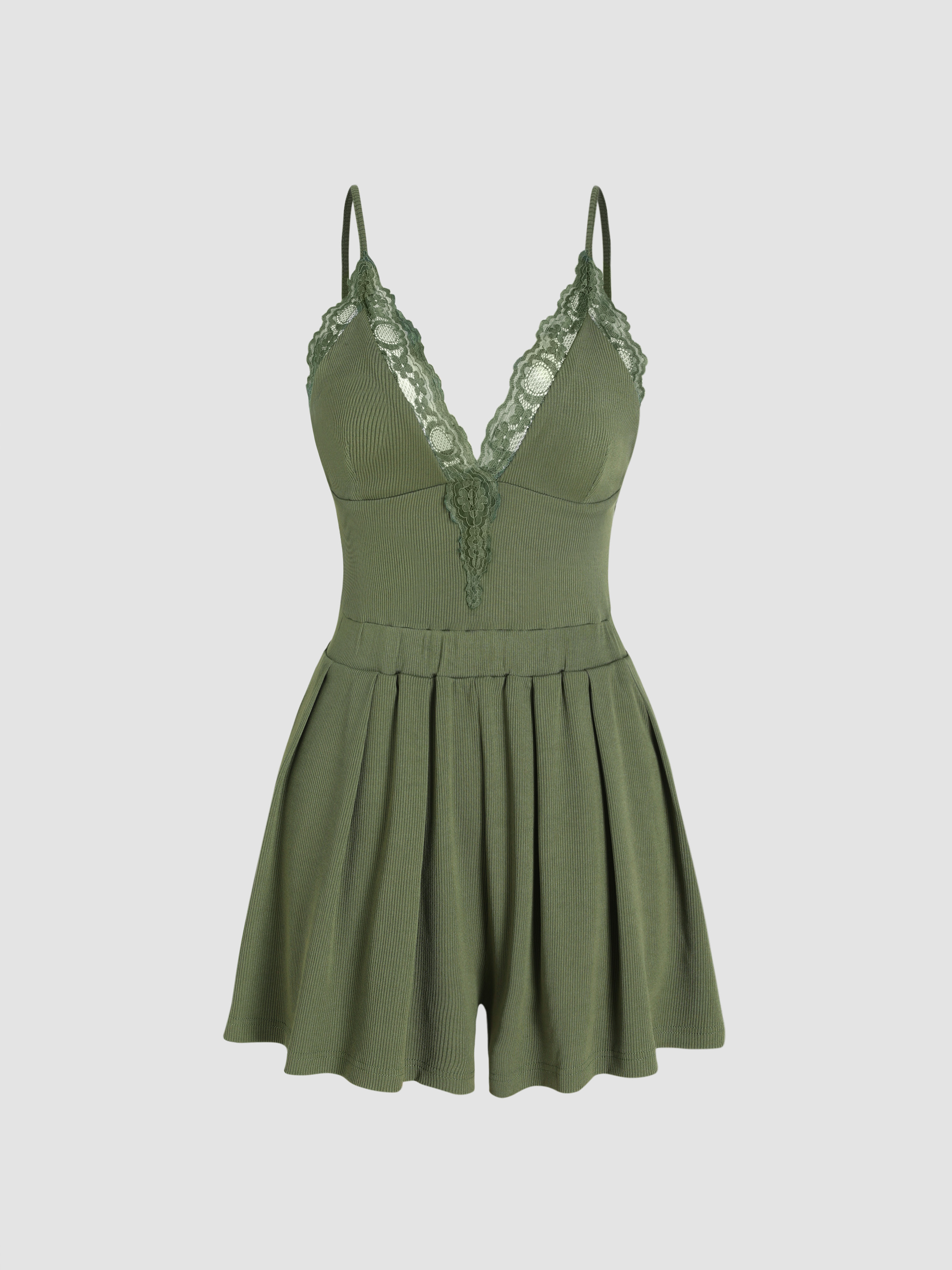 Lace Knit Fabric Lace V-neck Pleated Knitted Romper For Vacation