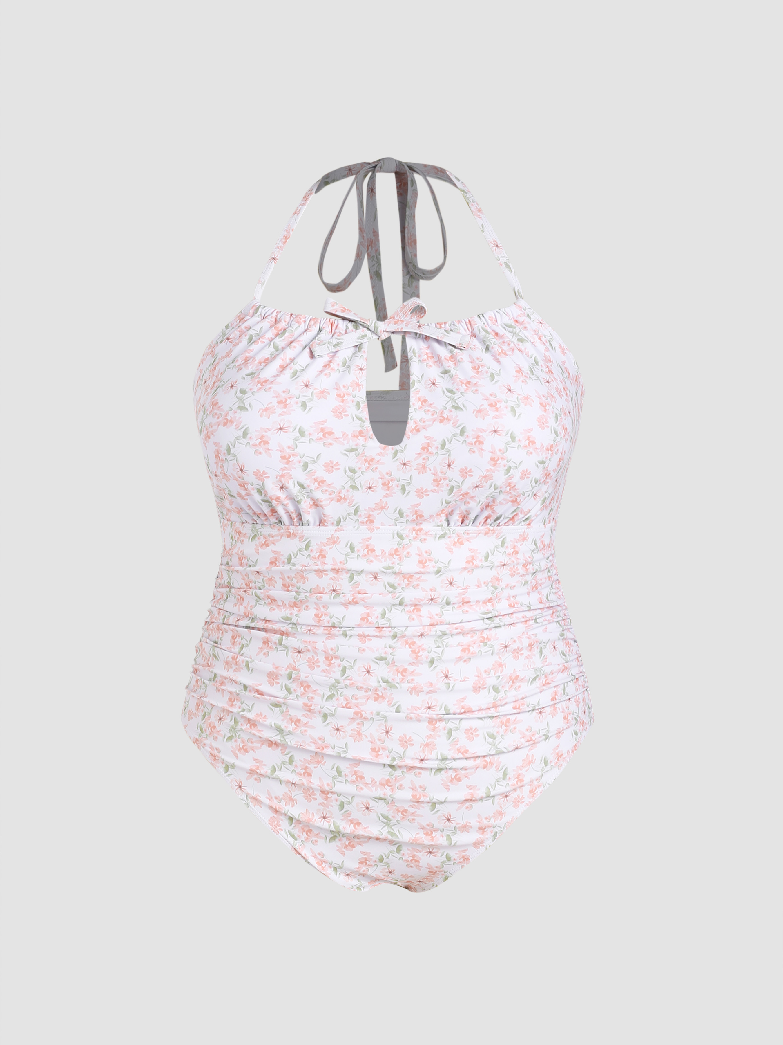 Knit Fabric Halter Floral Cut Out Ruched One Piece Swimsuit Curve ...