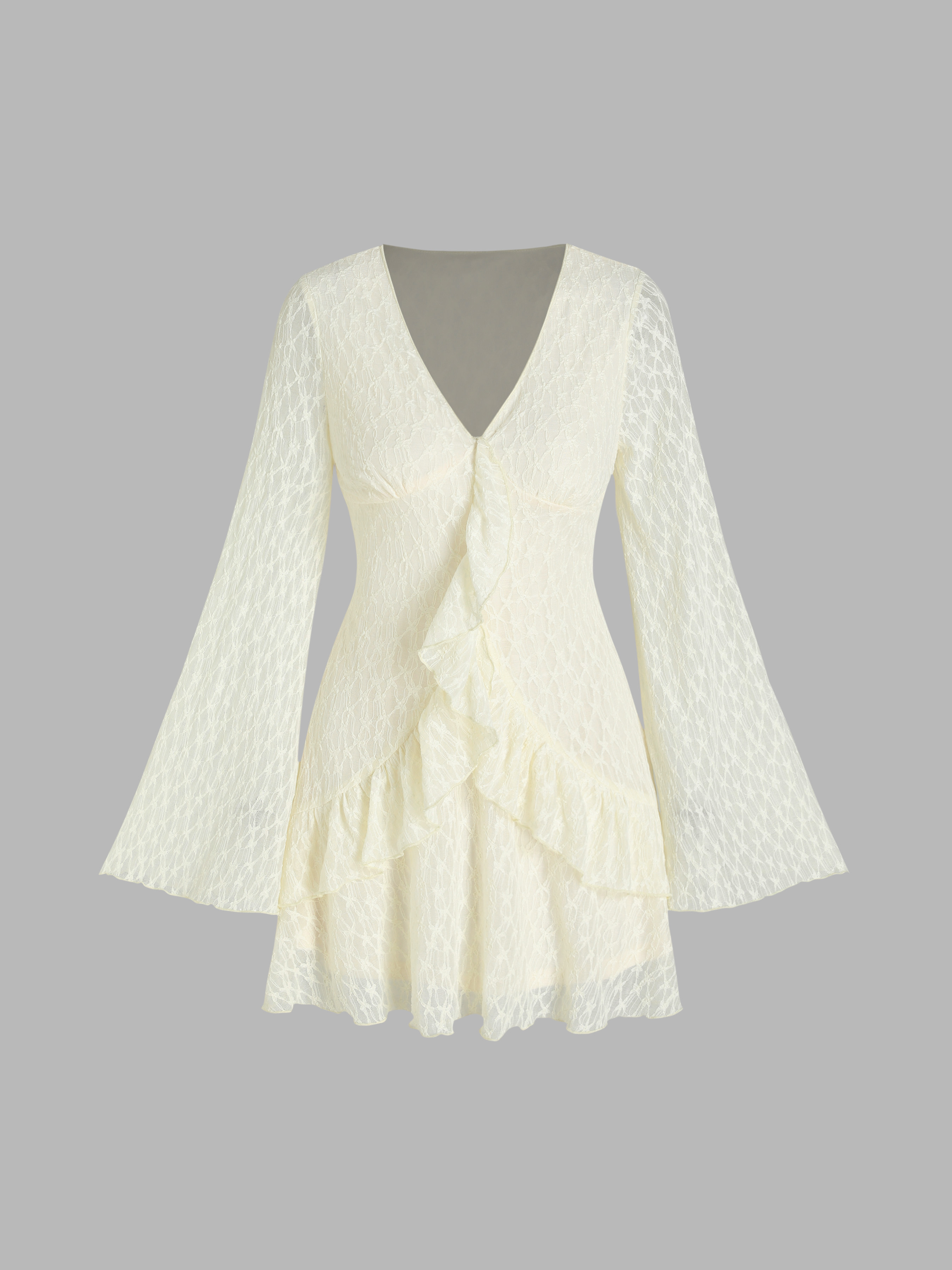 Lace V-neck Ruffle Hem Mini Dress For Date Vacation