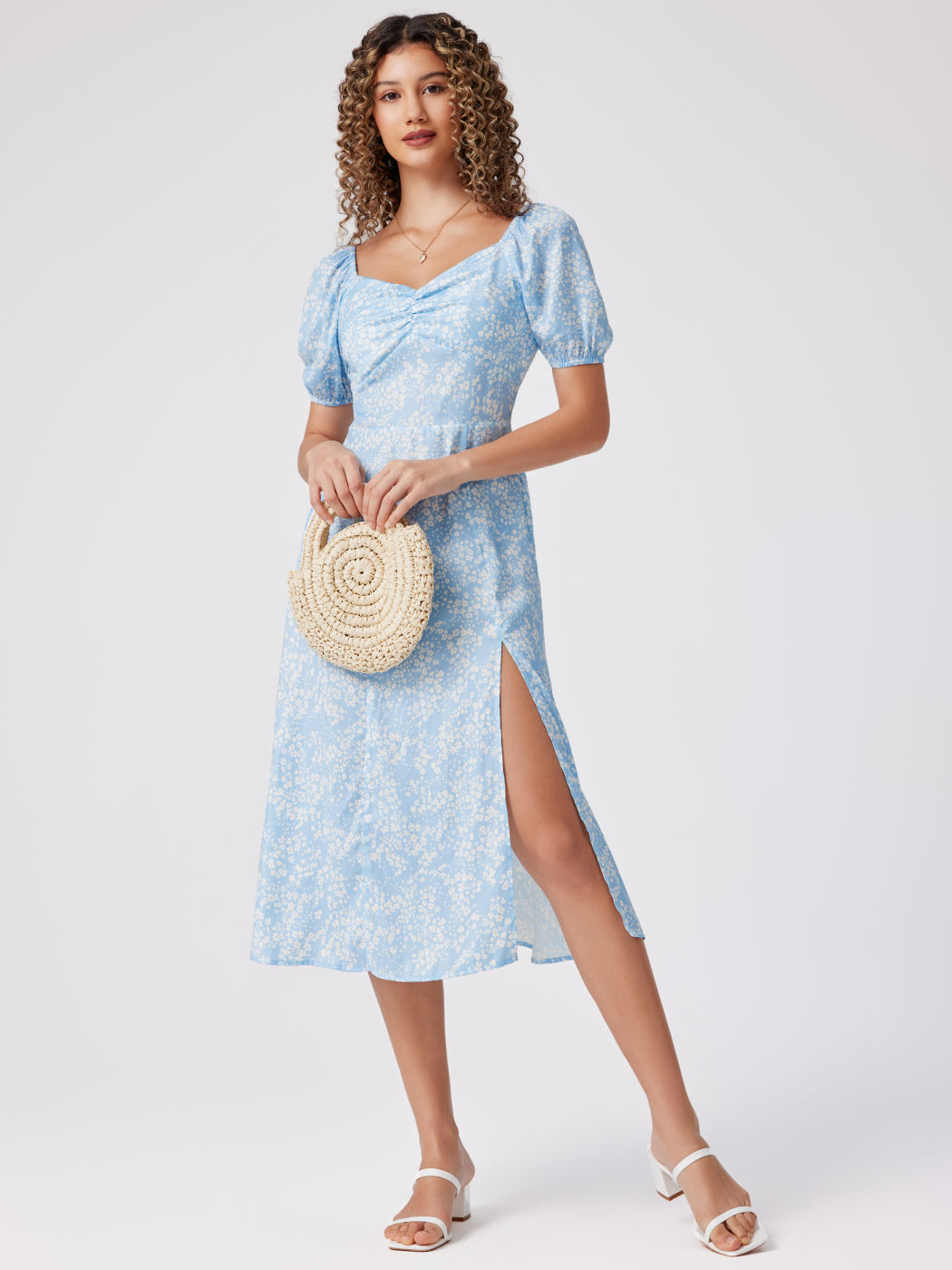 Floral Ruched Split Shirred Midi Dress For Daily Casual Picnic