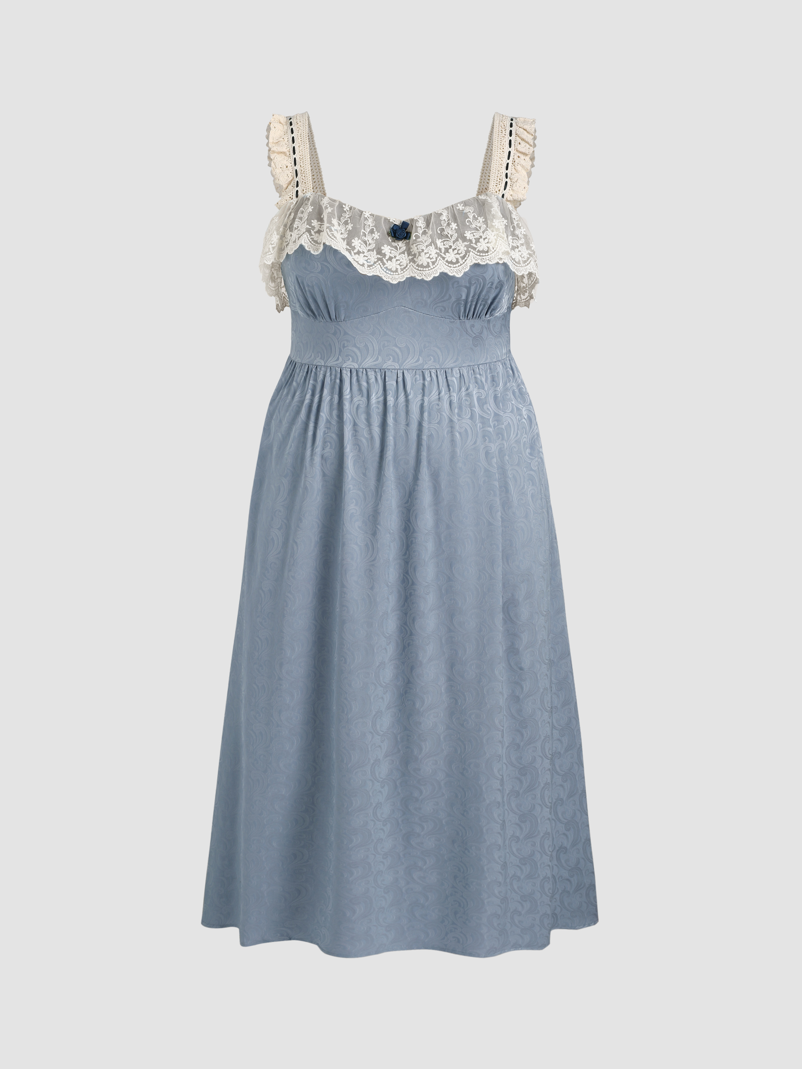 Woven Square Neck Floral Lace Lettuce Trim Maxi Dress Curve And Plus For Date