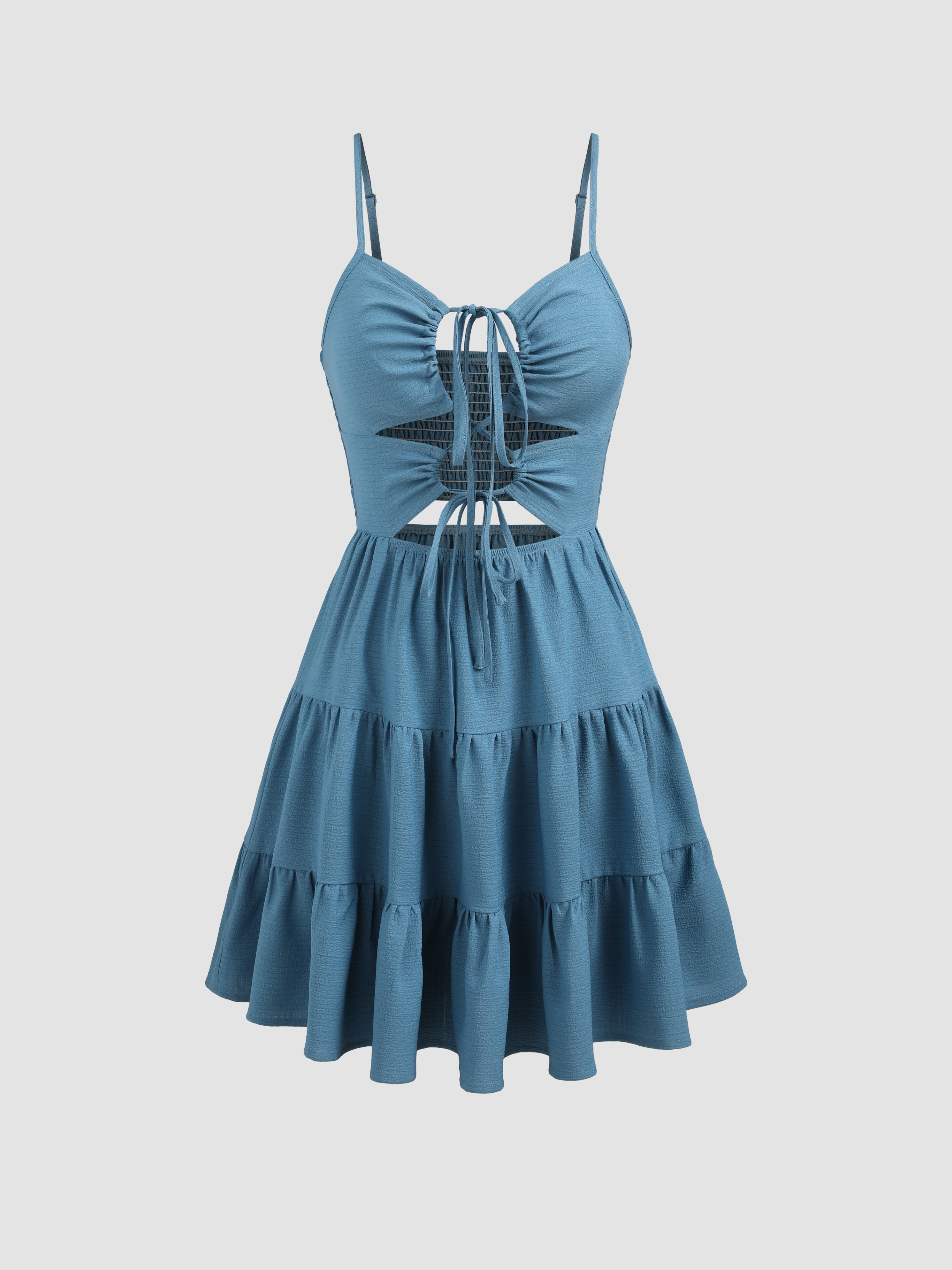 Cut Out Shirred Knotted Ruffle Mini Dress - Cider