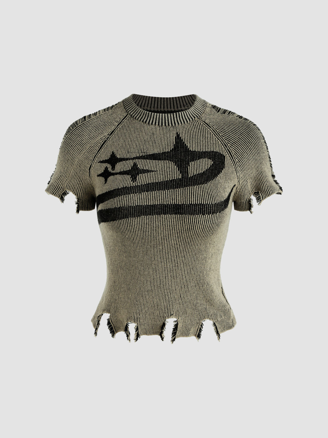 Knit Fabric Round Neckline Graphic Star Ripped Knitted Short Sleeve Top ...