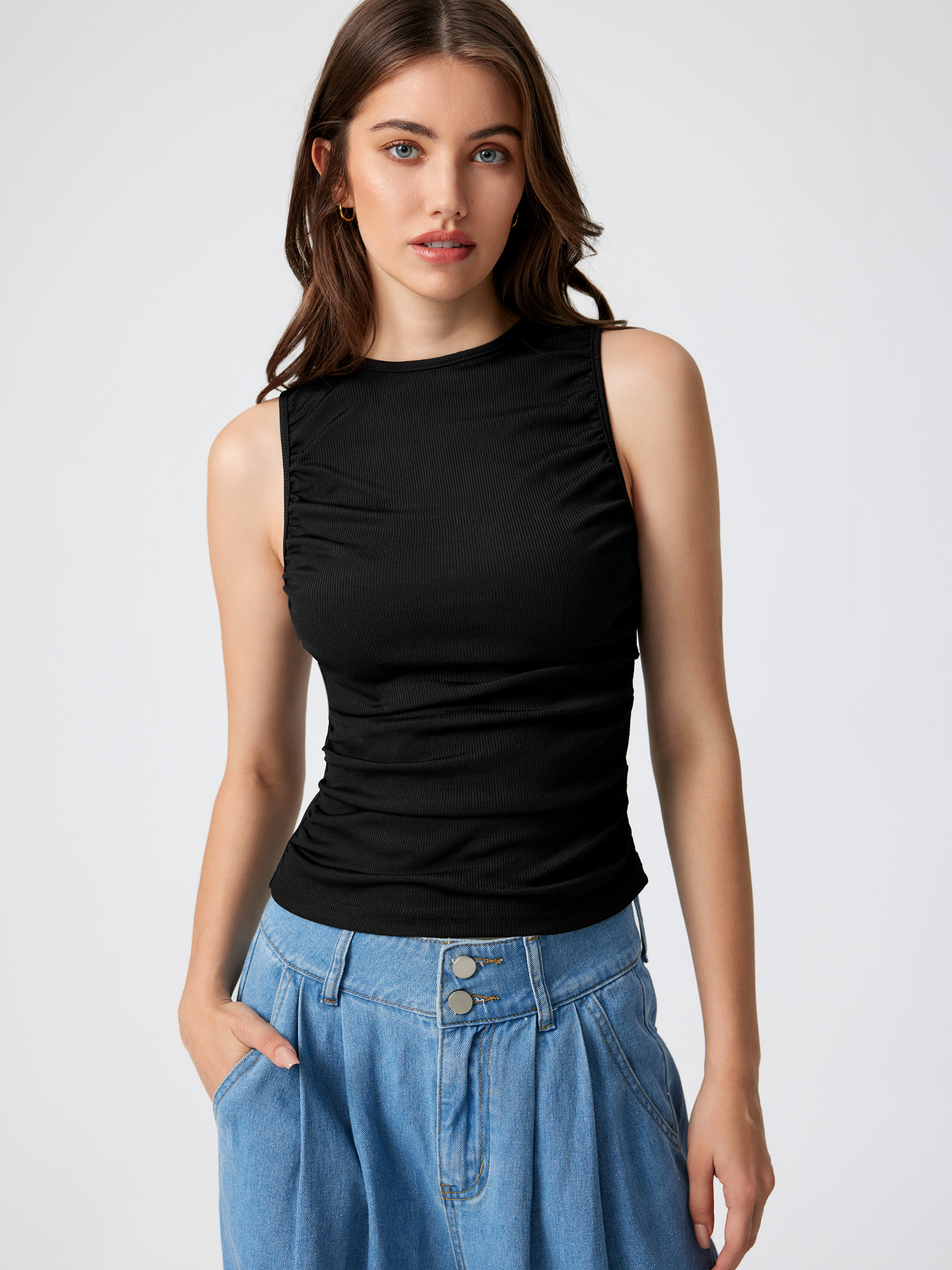 Knit Fabric Ruched Solid Tank Top For Daily Casual