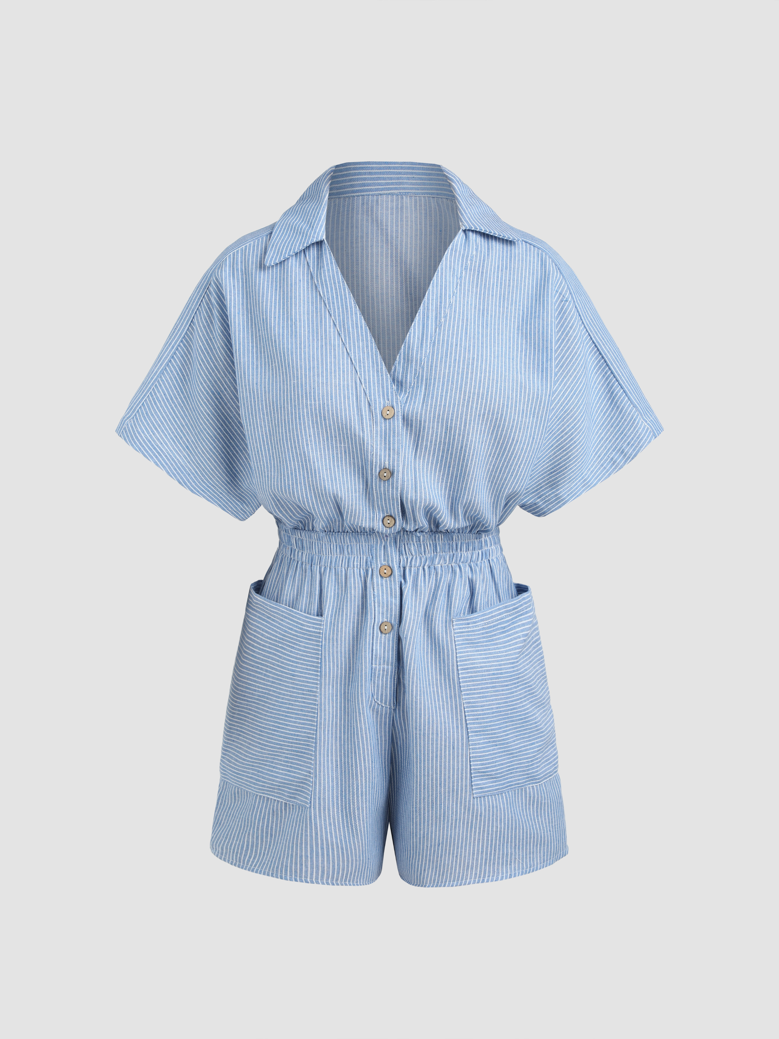 Collar Stripe Elastic Waist Romper For School Daily Casual Picnic