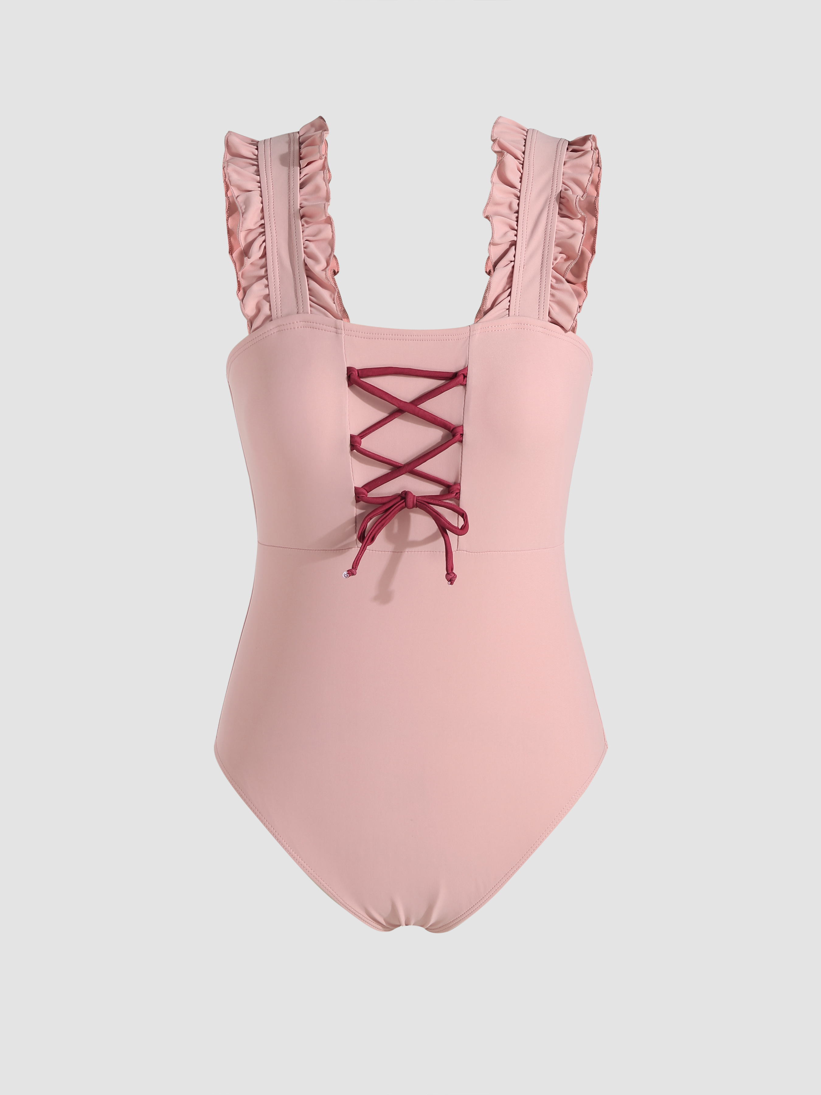 Tummy Control Knit Fabric Shaping Square Neck Lettuce Trim Lace Up One ...