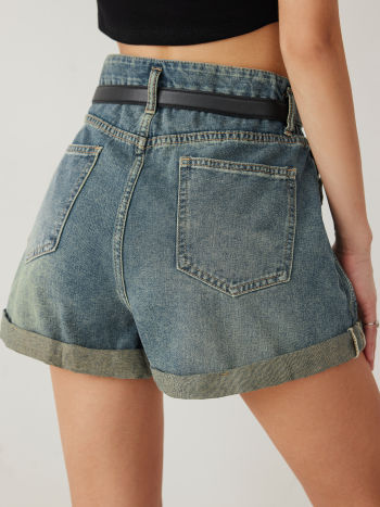 Denim Roll Hem Wide Leg Shorts For Daily Casual