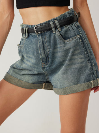 Denim Roll Hem Wide Leg Shorts For Daily Casual