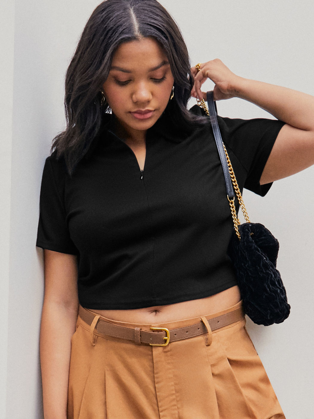Curve & Plus Polo Zip Up Knit Crop Top For School Daily Casual