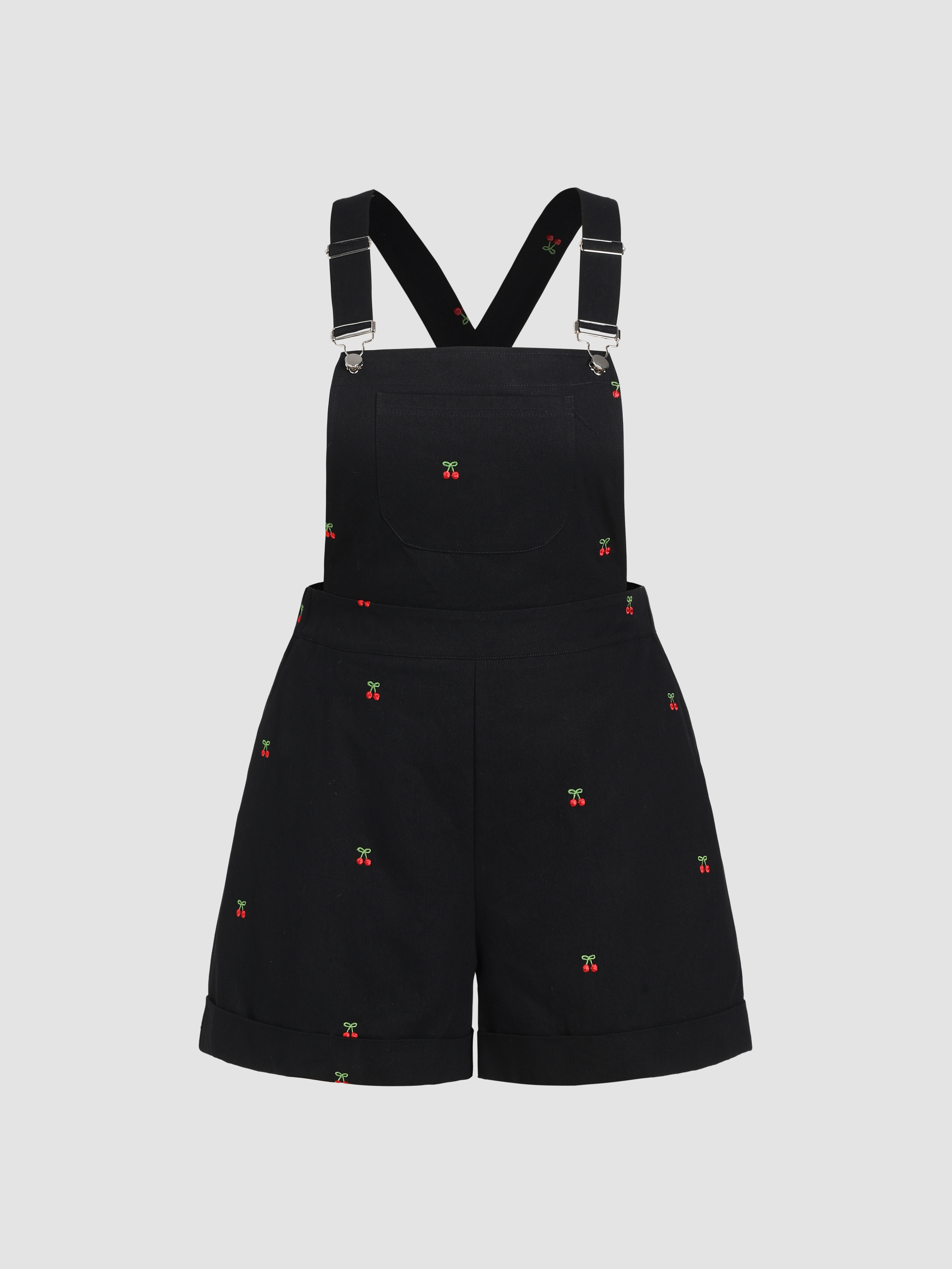 Jacquard Cherry Embroidery Pocket Buckle Up Romper Curve & Plus For ...