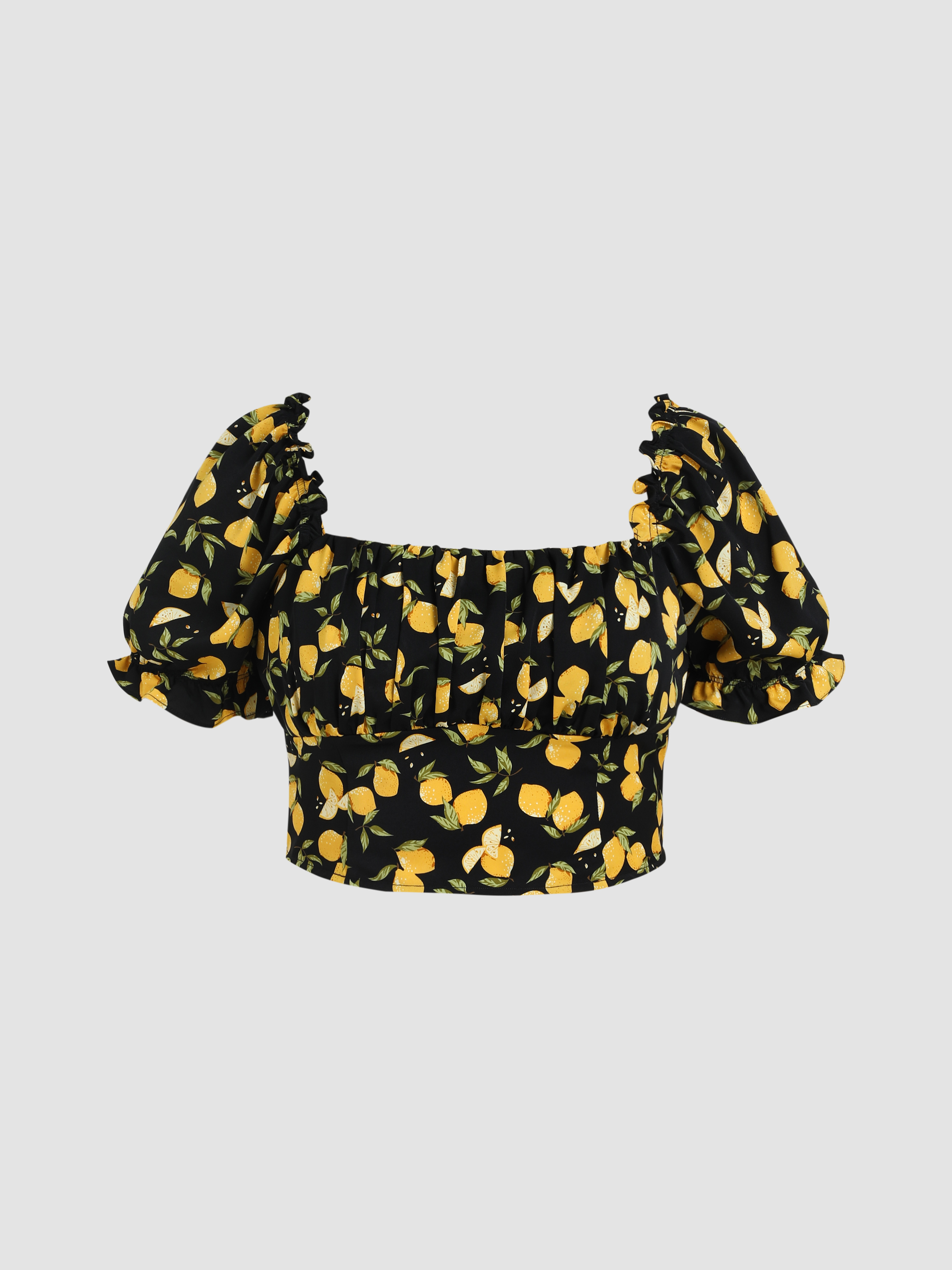 Chiffon Lemon Print Ruched Puff Sleeve Blouse Curve & Plus - Cider