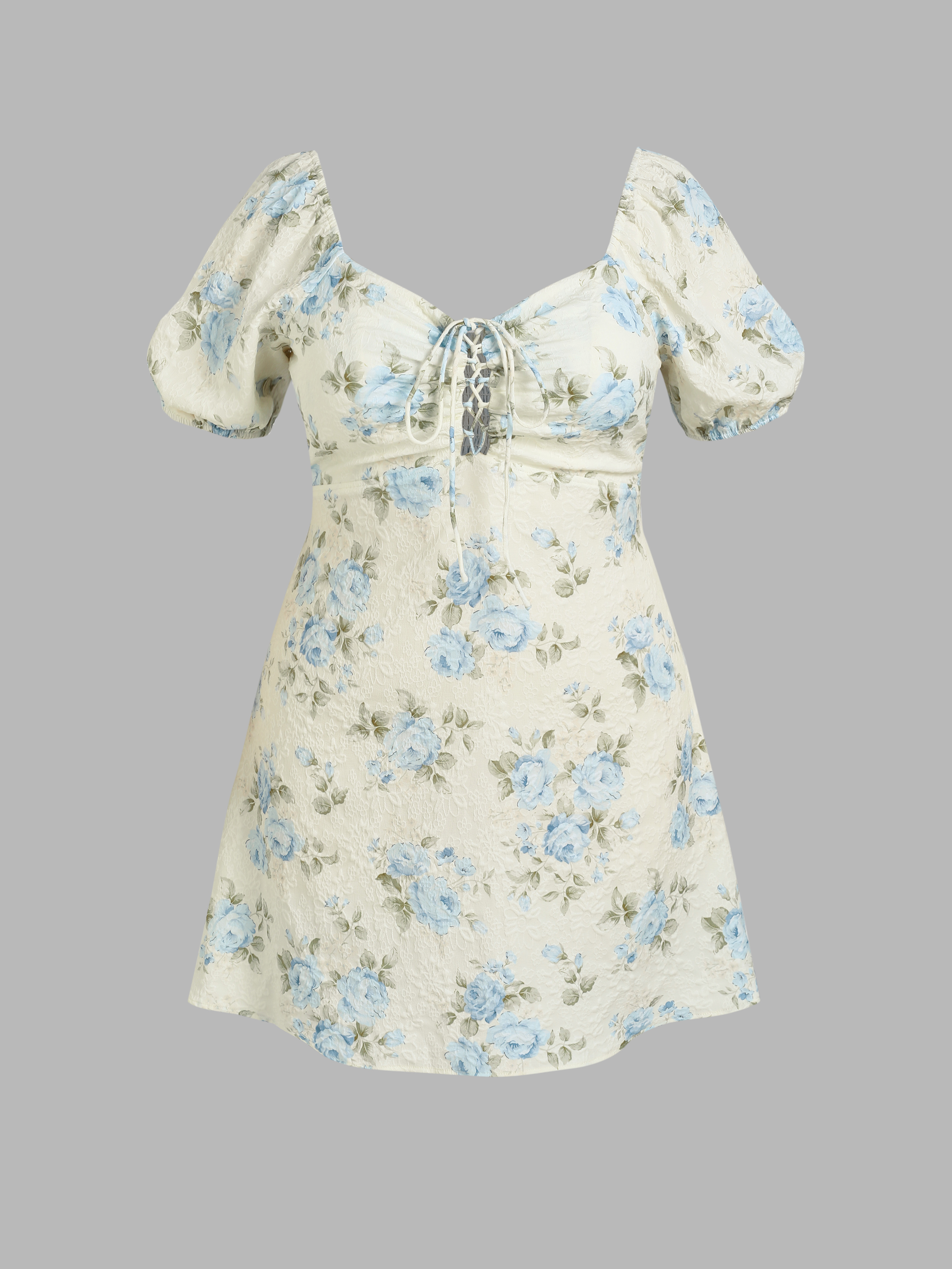Curve And Plus Floral Lace Up Puff Sleeve Mini Dress For Daily Casual