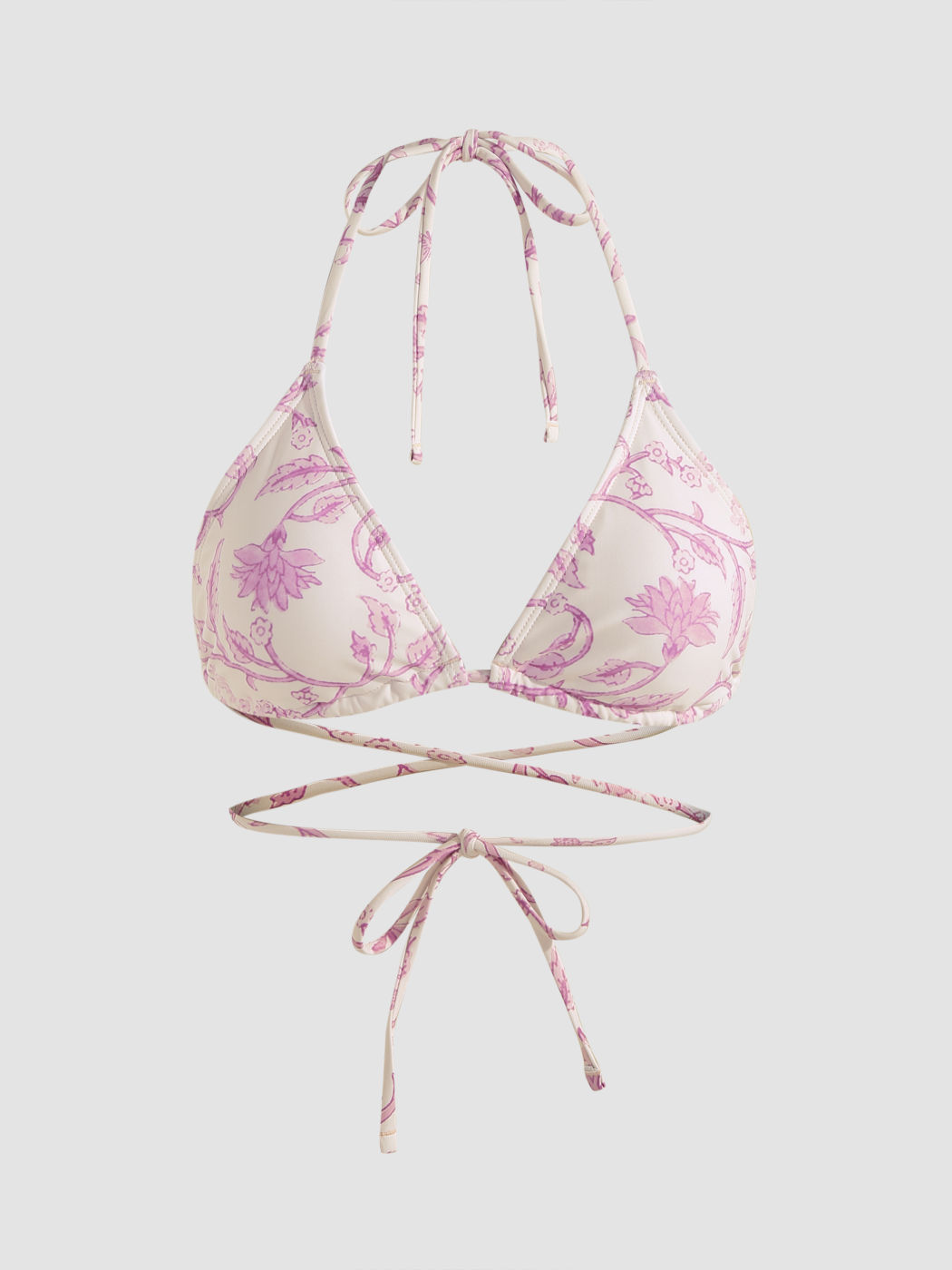 Knit Fabric Halter Floral Tie Back Triangle Bikini Top For Vacation
