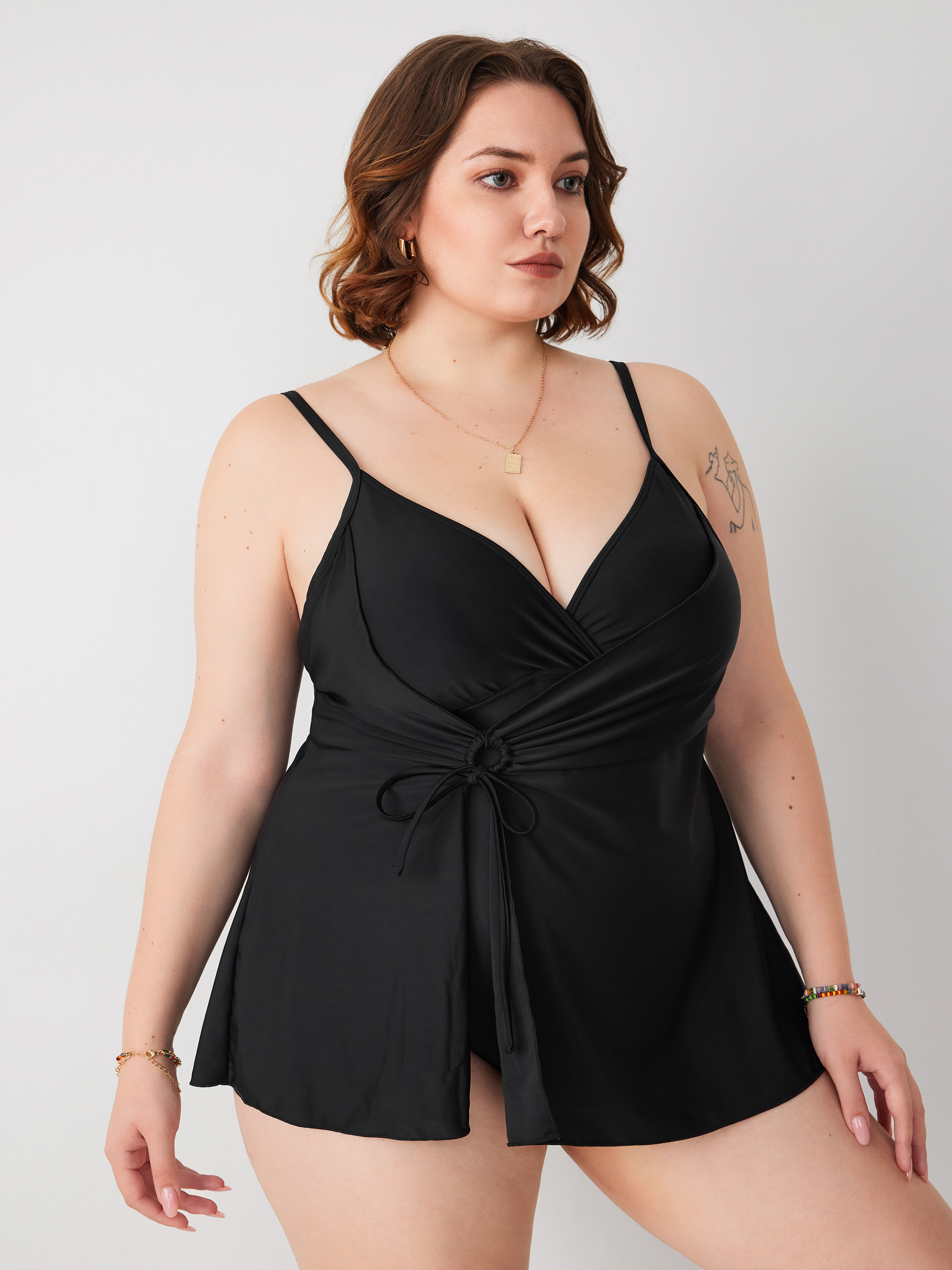 V-neck O-Ring Bowknot One Piece Swimsuit Curve & Plus - Cider