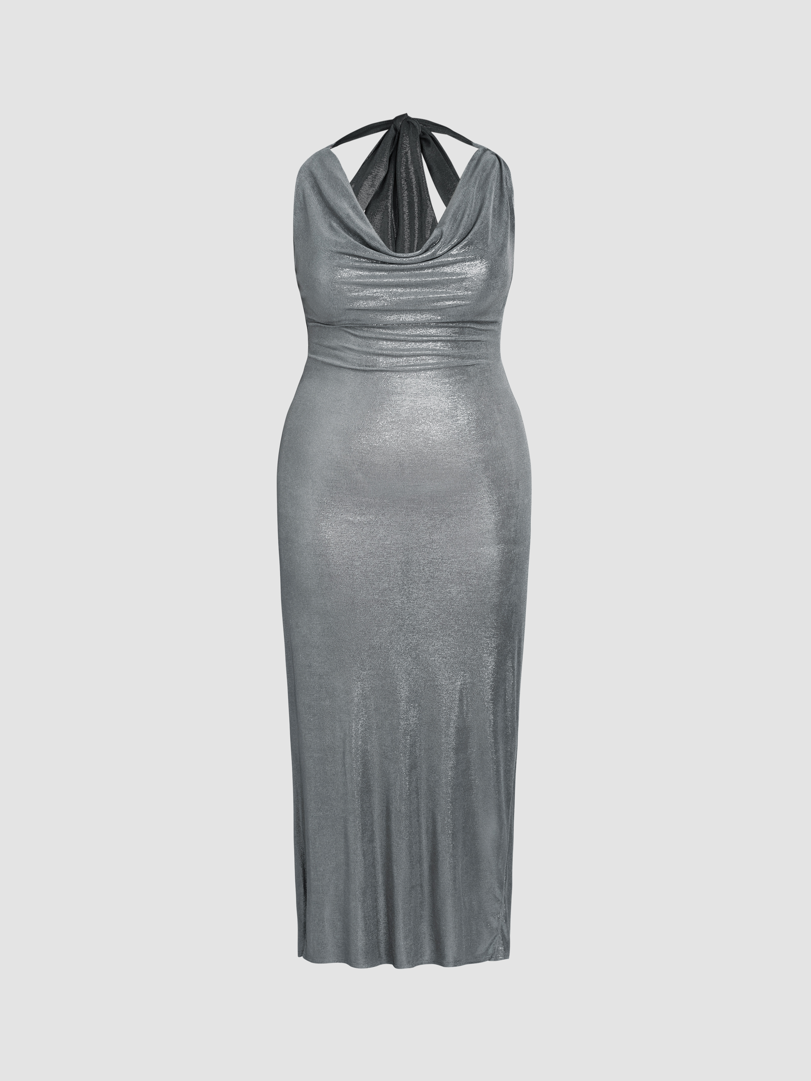 Knit Fabric Metallic Cowl Neck Backless Maxi Dress Curve & Plus For ...