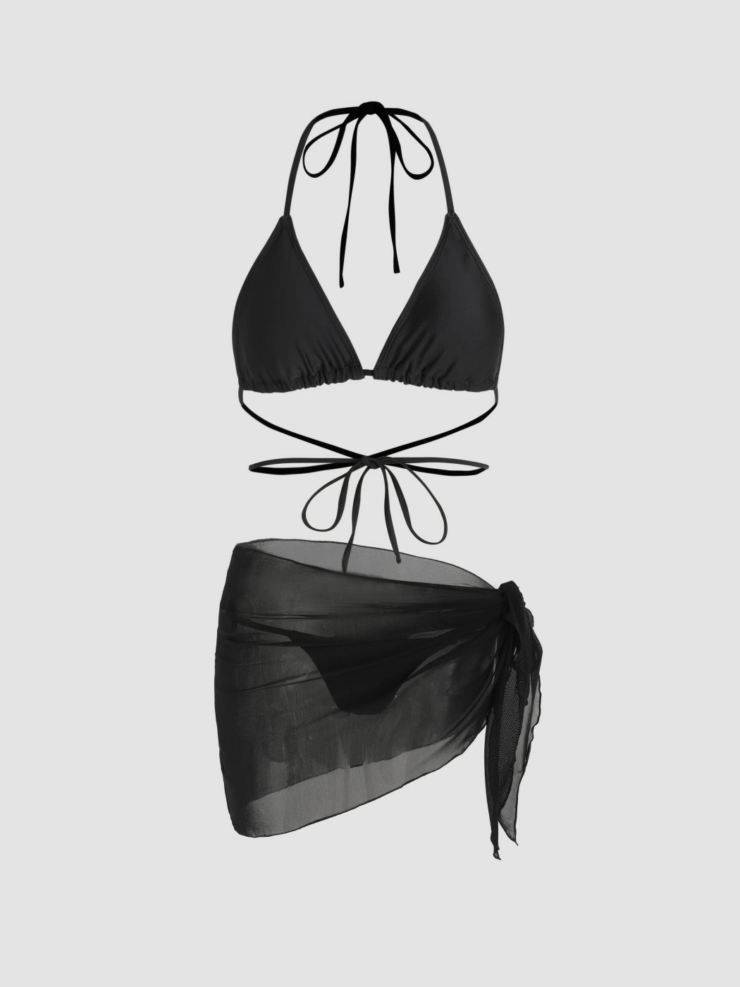 Halter Tie Side Triangle Bikini Set With Sarong For Vacation Swimming
